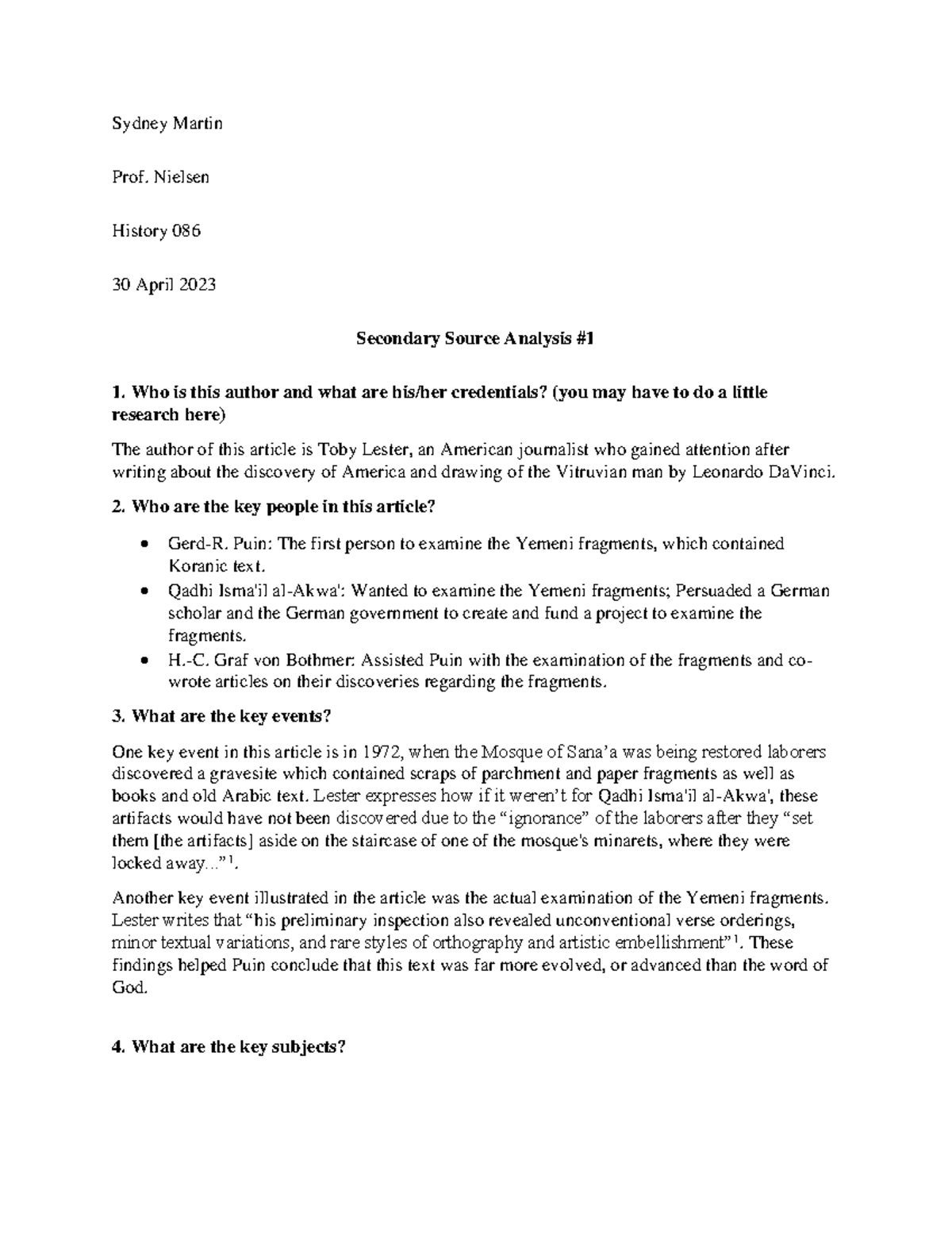 Secondary Source analysis #1 Hist 086 - Sydney Martin Prof. Nielsen ...