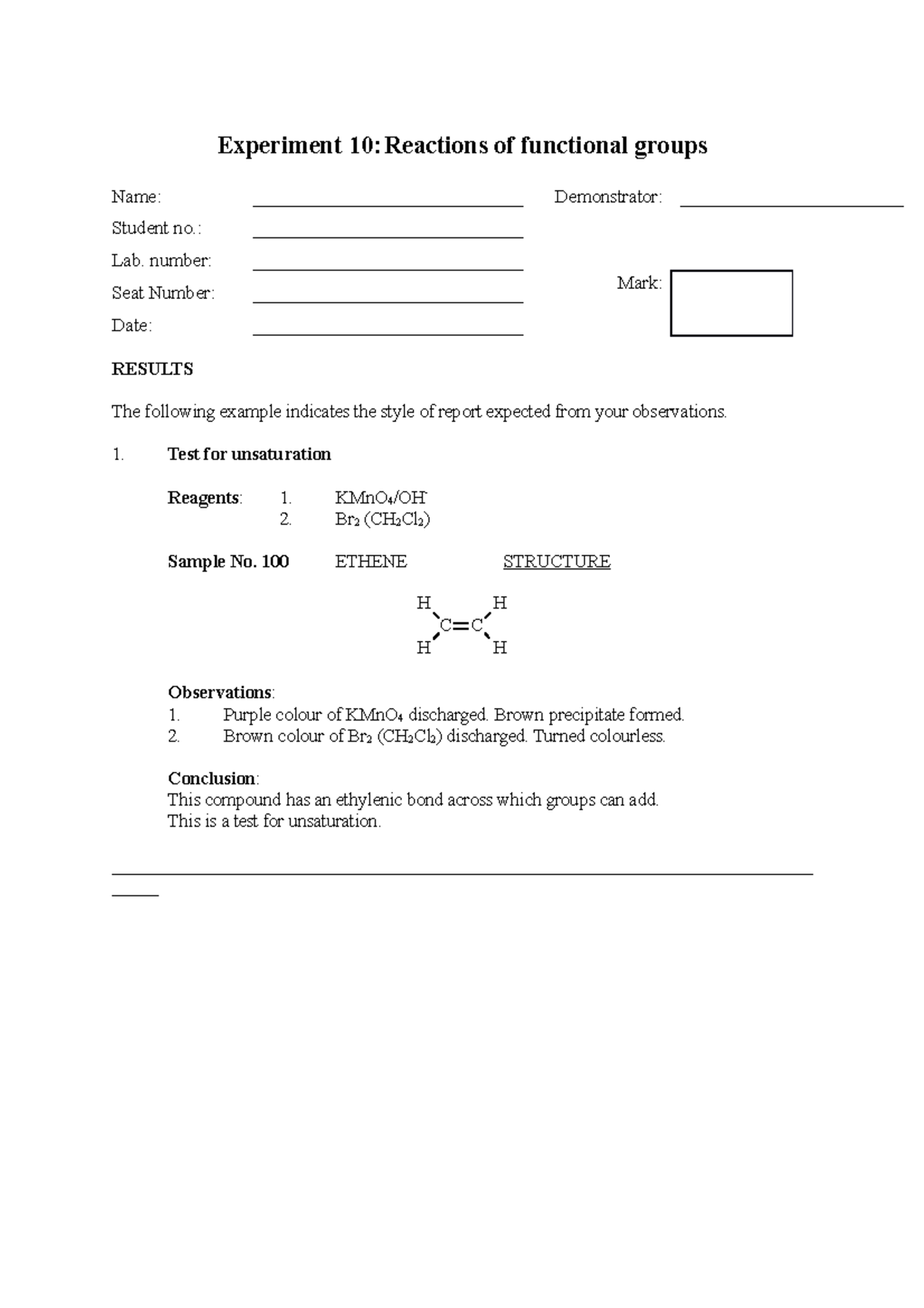 Exp 10 Reactions of Functional Groups Worksheet - Experiment 10 ...
