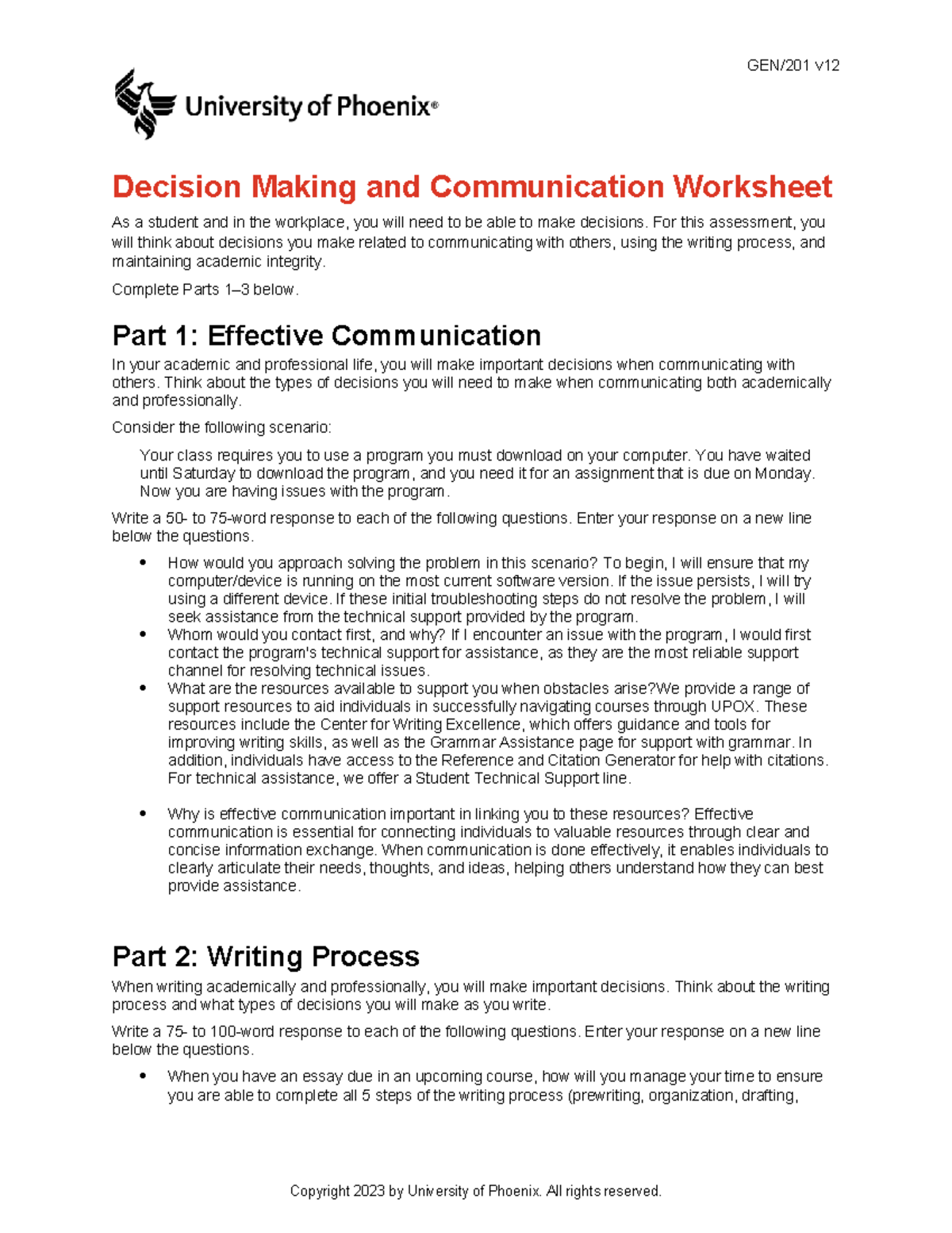 Gen201 v12 wk3 decision making and communication worksheet - GEN/201 v ...