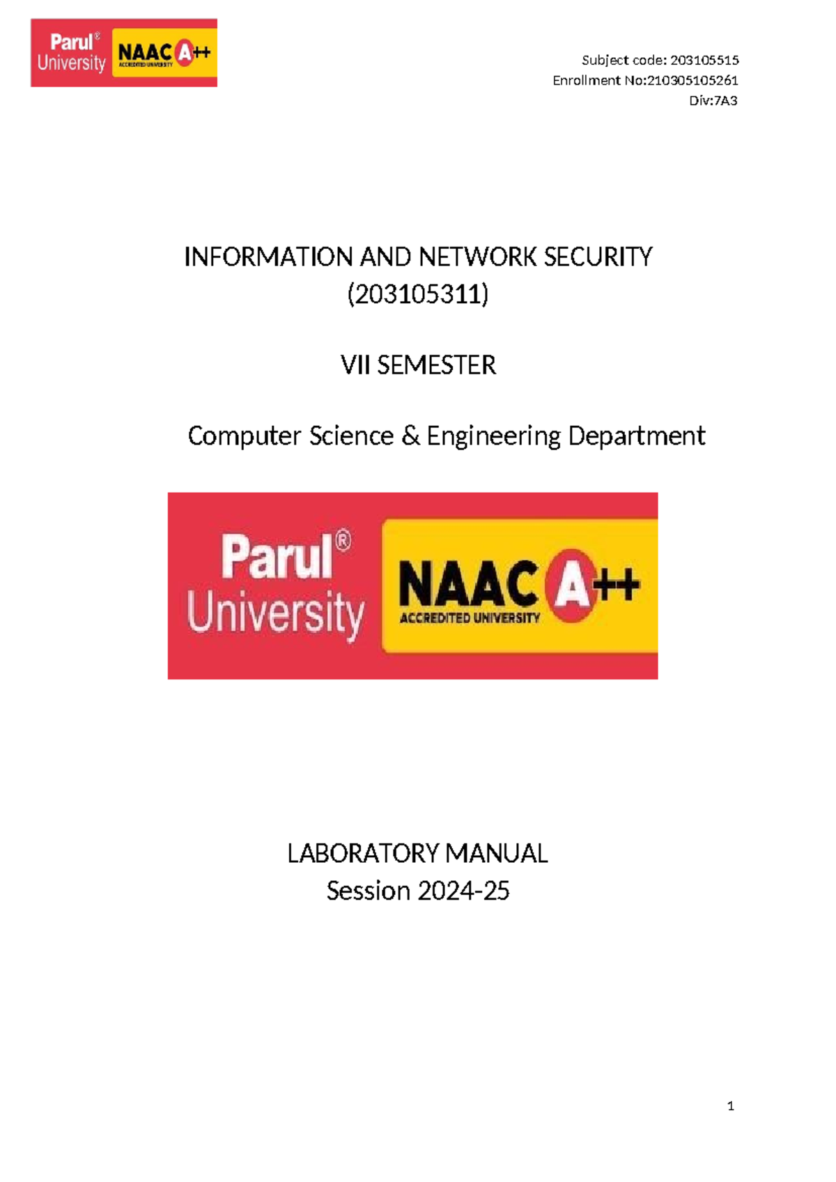 Ins Practical - this is ins pritacal and its vary much to know your knowledge - Enrollment No ...