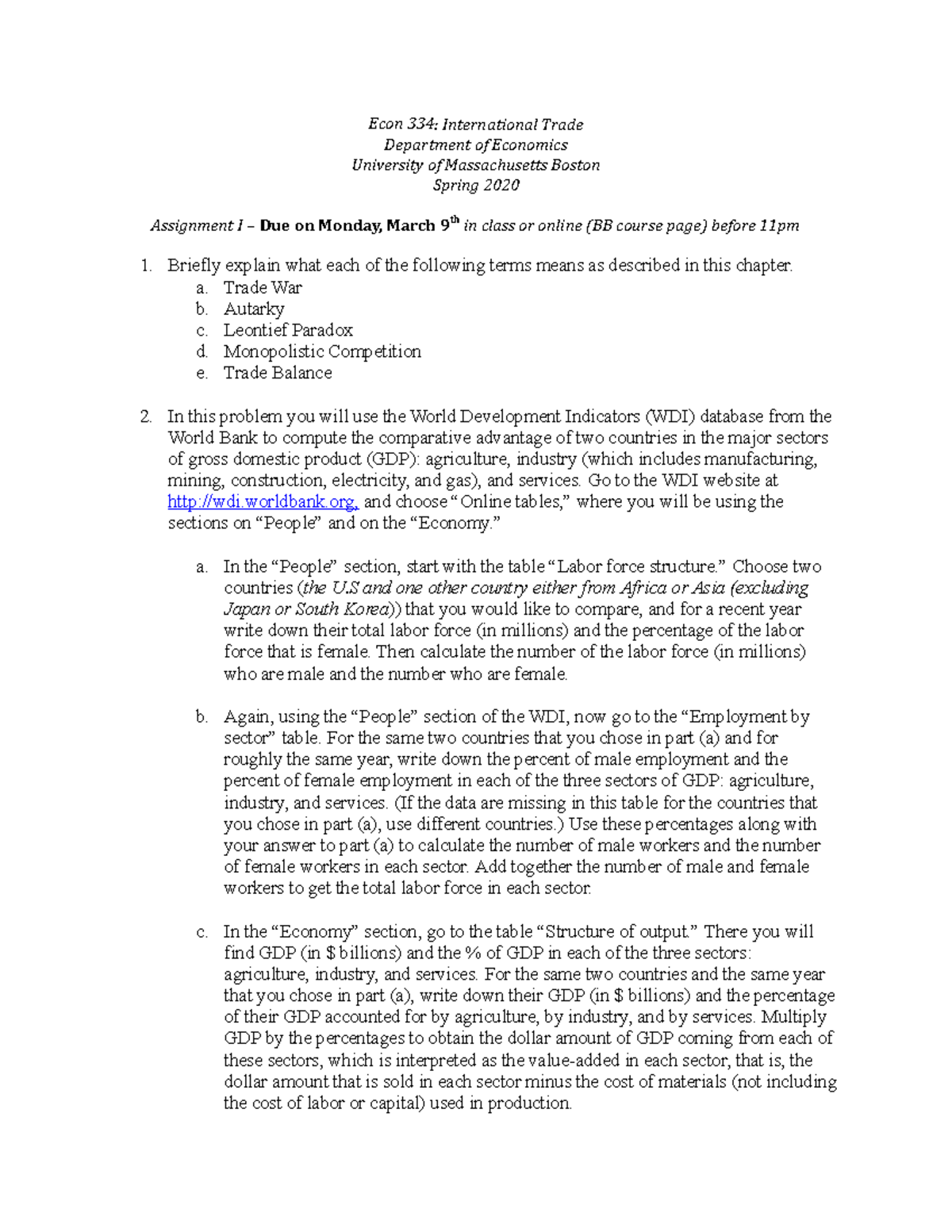Assignment I - Spring 2020 - Econ 334: International Trade Department ...