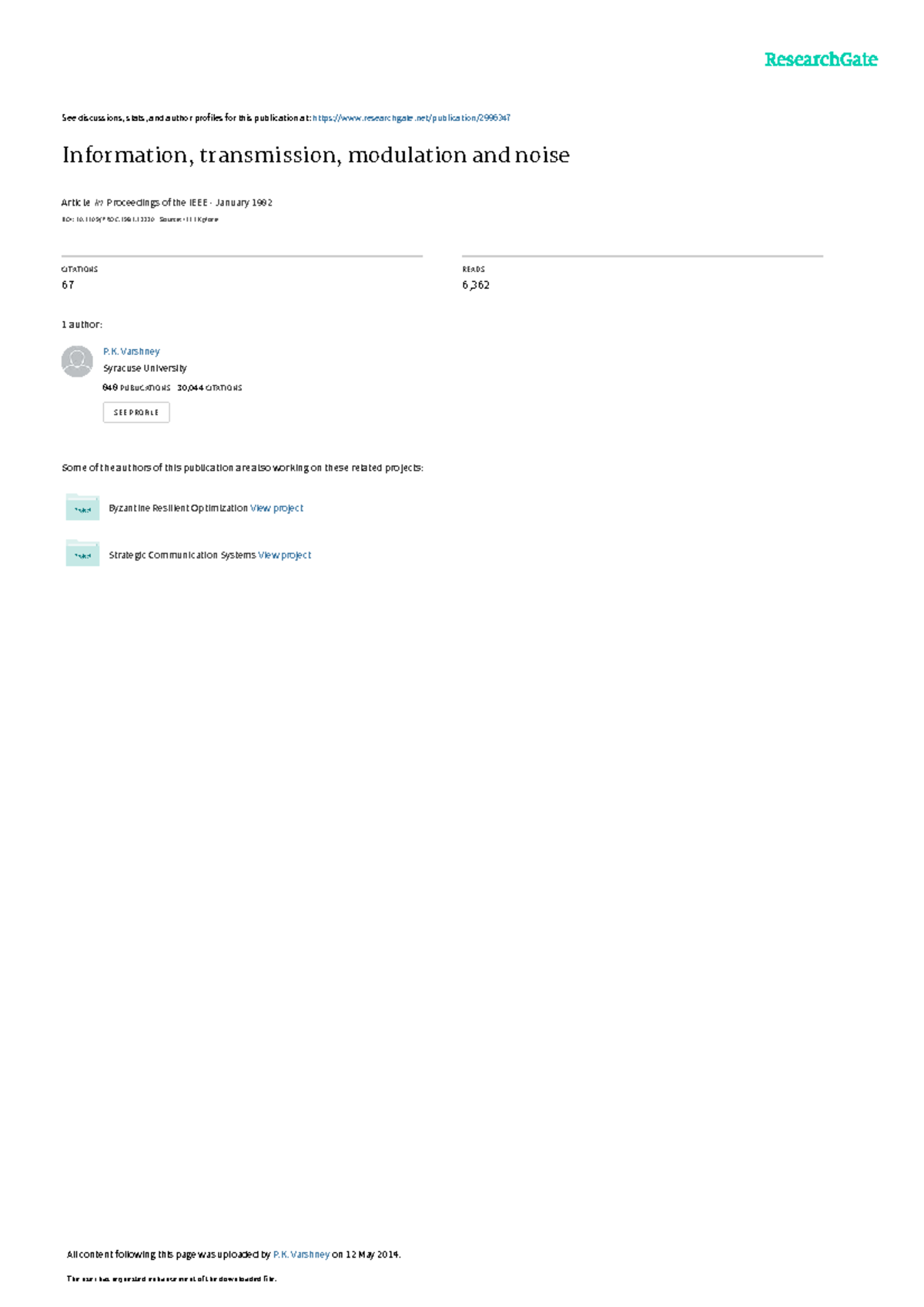 Information Transmission Modulation And Noise See Discussions Stats And Author Profiles For