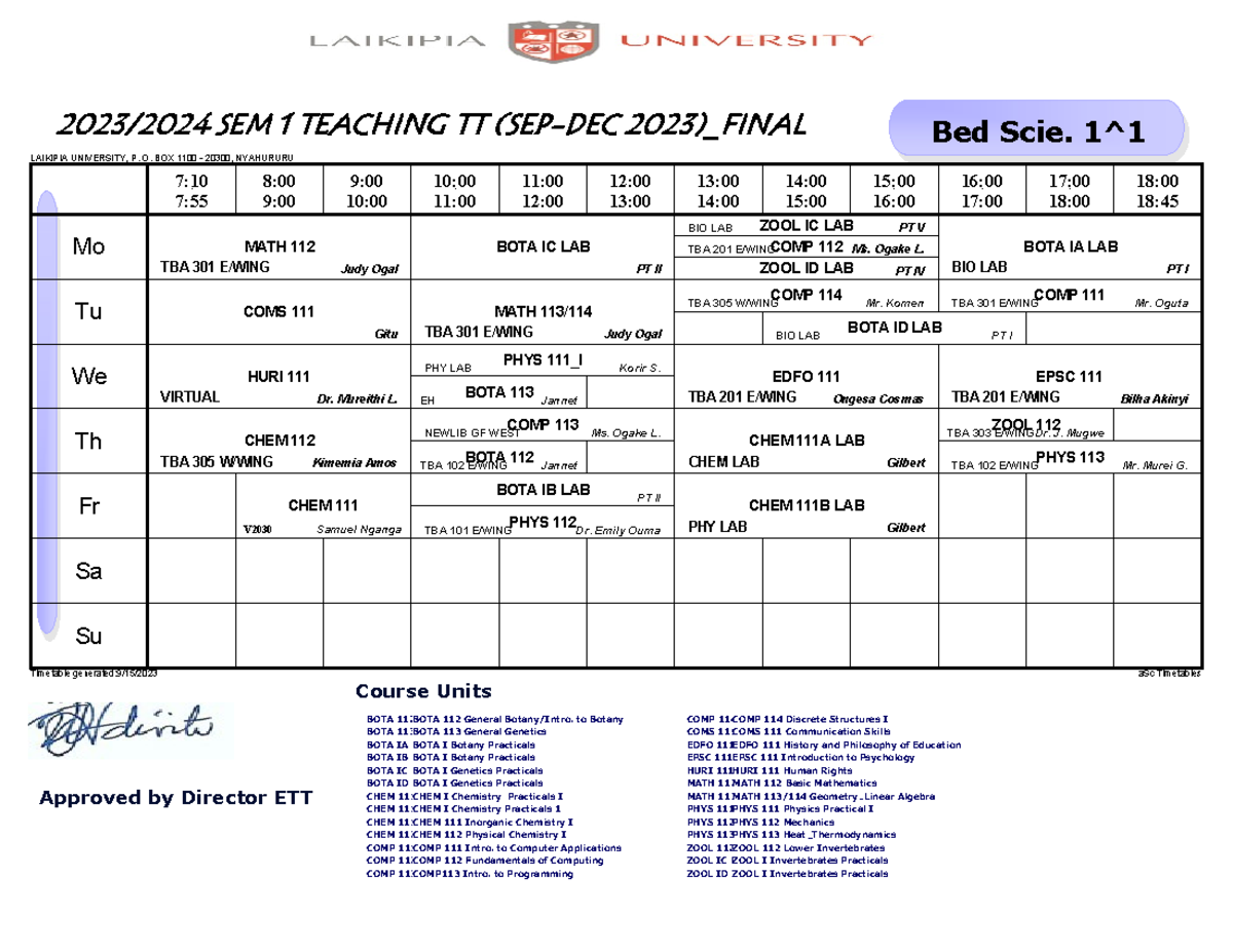 Final timetable education science - 2023/2024 SEM 1 TEACHING TT (SEP ...