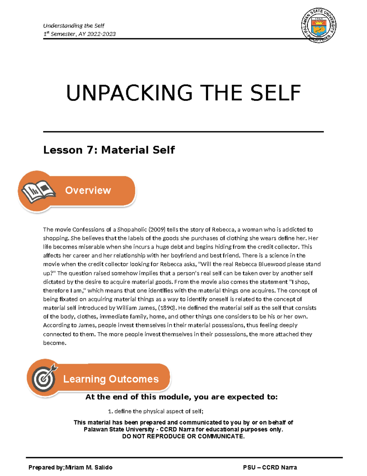 UTS- Module-2-Lesson-2-THE- Material-SELF - Overview 1 st Semester, AY 2022- UNPACKING THE SELF ...
