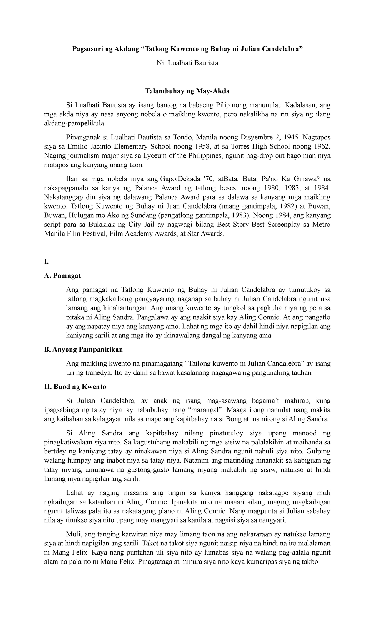 Pagsusuri SA AKDA - documents - Pagsusuri ng Akdang “Tatlong Kuwento ng ...
