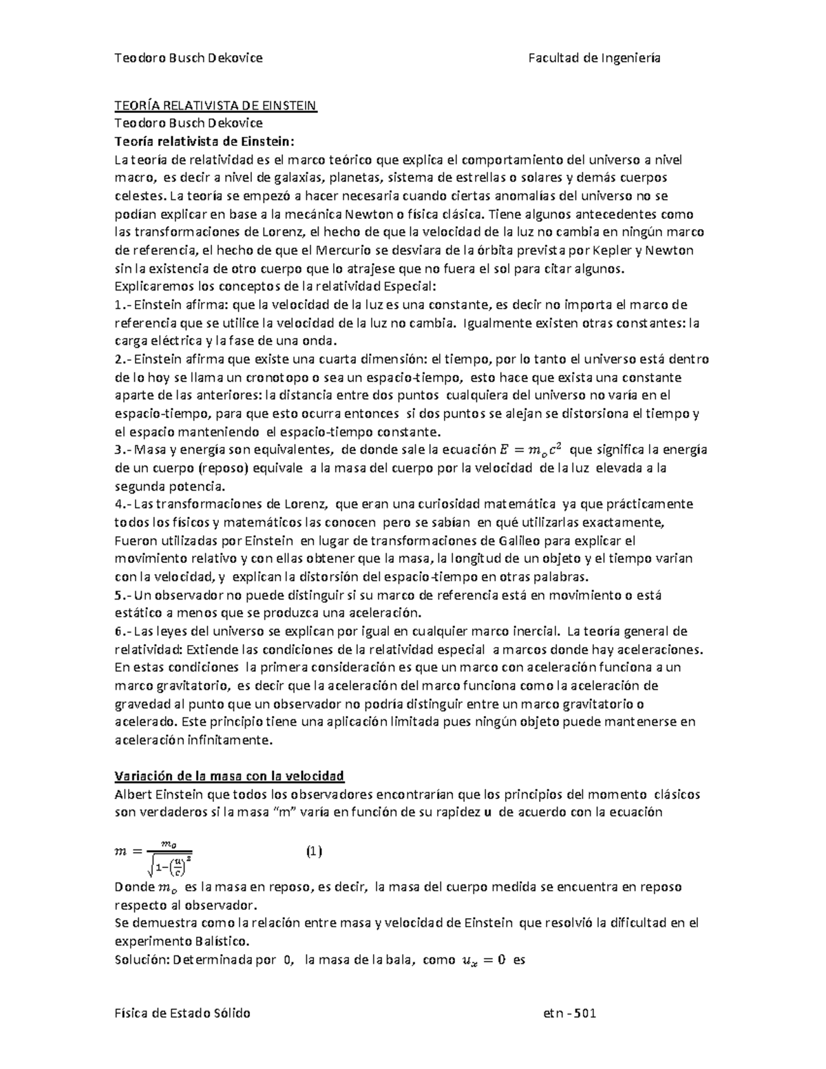Teoría Relativista DE Einstein - TEORÍA RELATIVISTA DE EINSTEIN Teodoro ...
