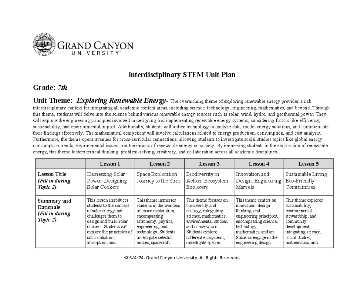 Unit Plan- Week 7 - Interdisciplinary STEM Unit Plan Grade: 7th Unit ...