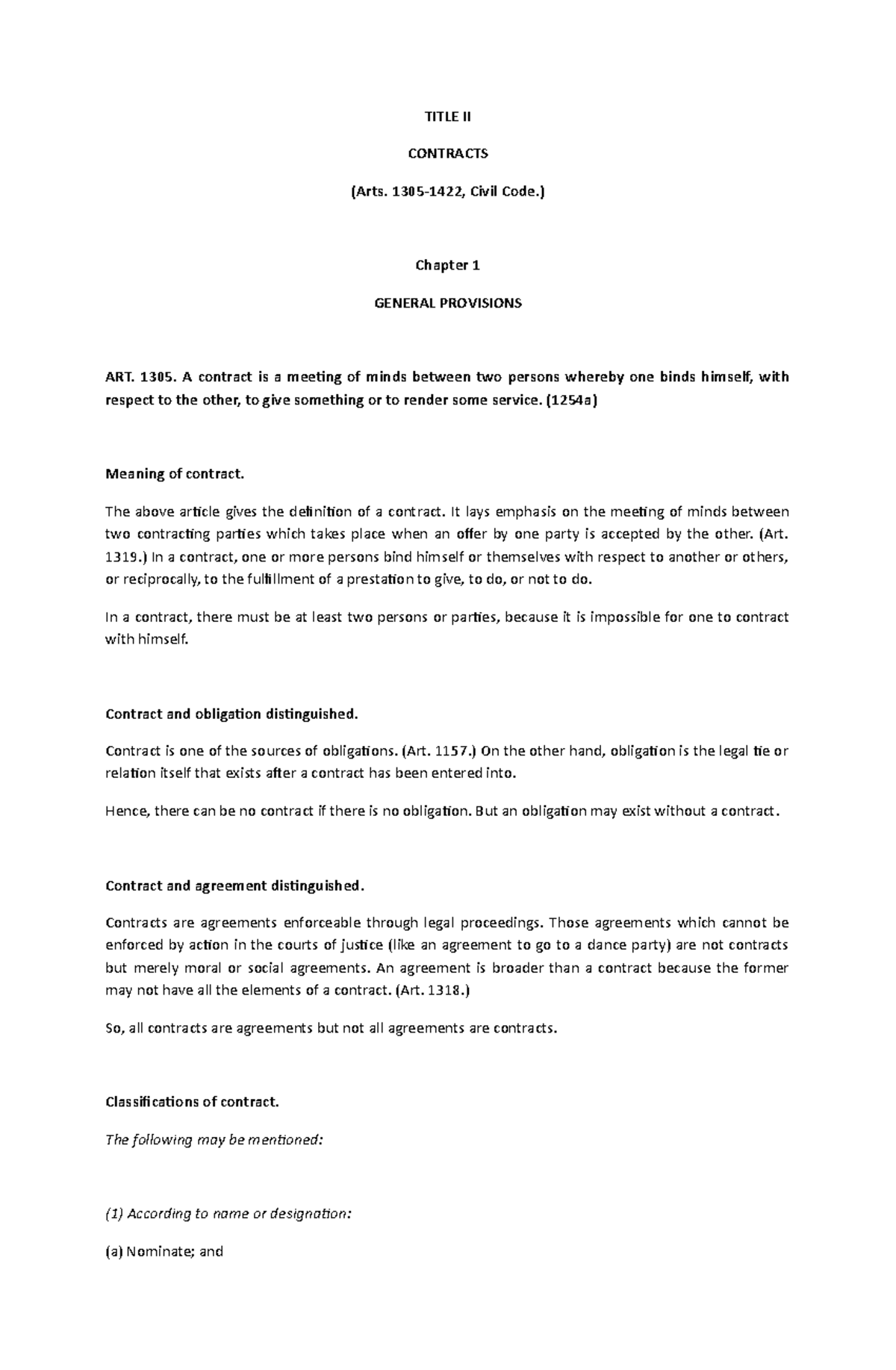 Reviewer in Laws and Contract of Sales 1 - TITLE II CONTRACTS (Arts. 1305-1422, Civil Code ...