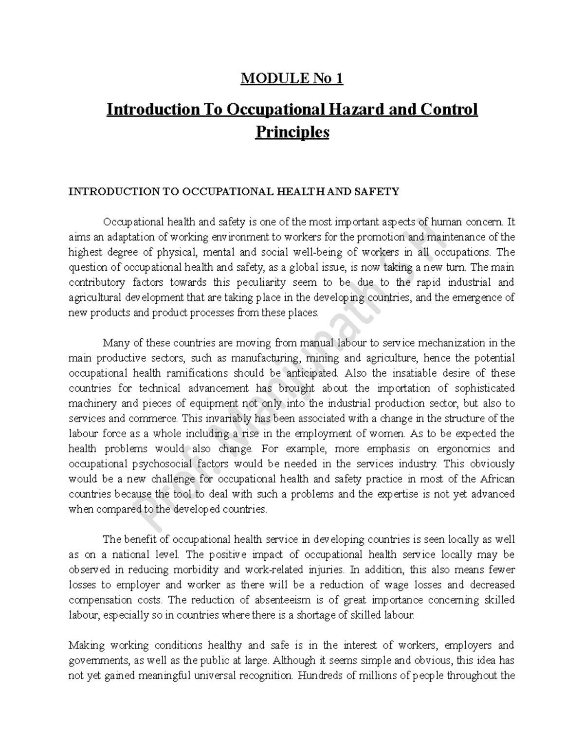 OHS 1 Module Notes - MODULE No 1 Introduction To Occupational Hazard ...