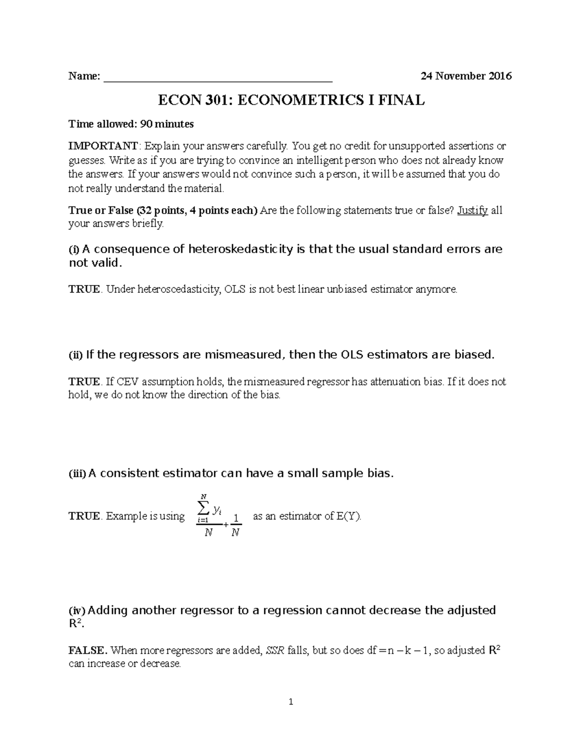 Final 27 November 2017, answers - Name: 24 November 2016 ECON 301 ...