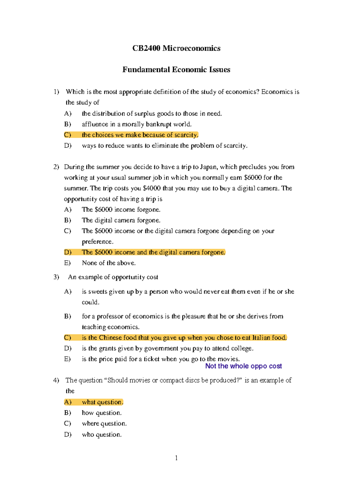 In-class exercise 1 - 1 CB2400 Microeconomics Fundamental Economic ...