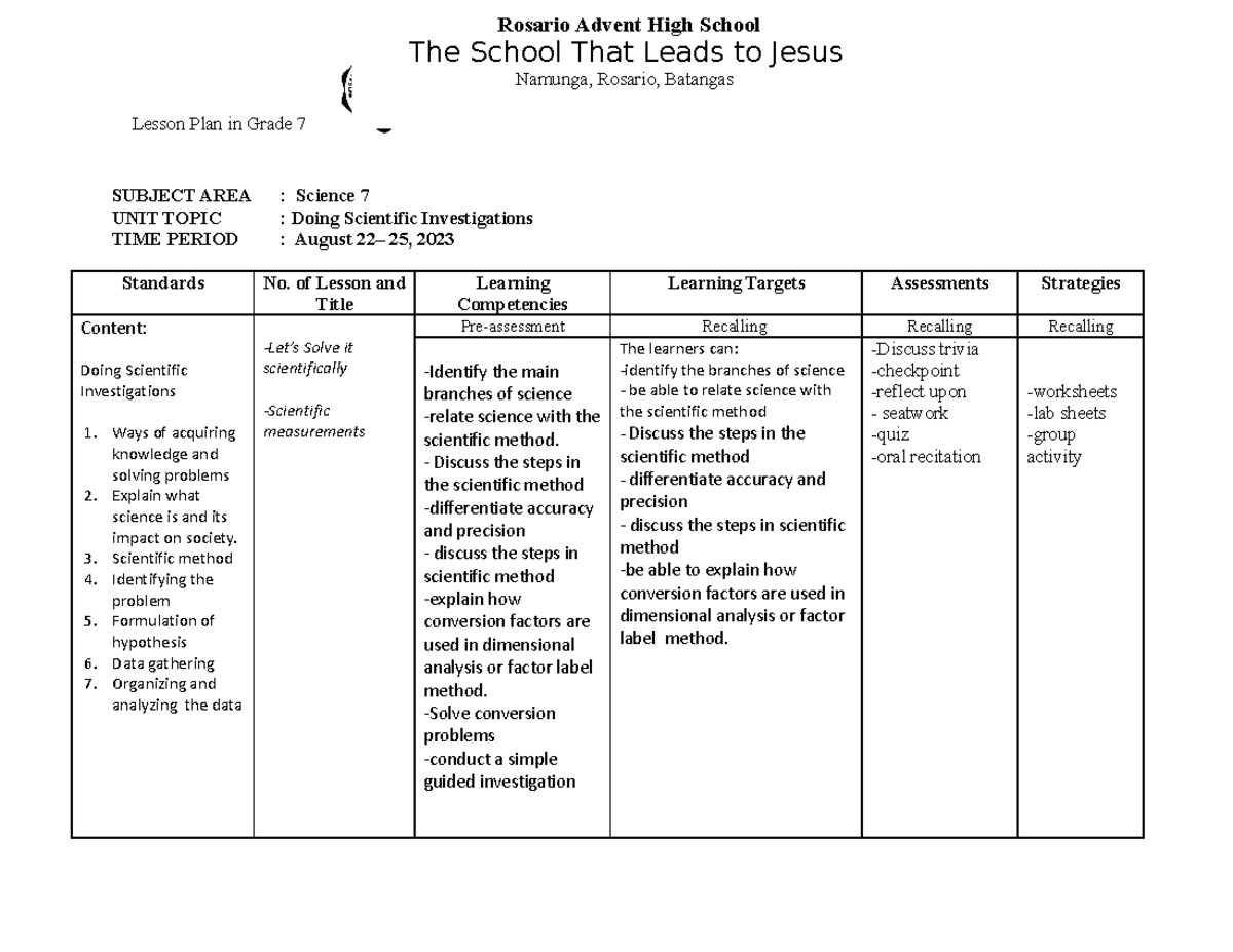 Laverne lesson pla - NONE - Lesson Plan in Grade 7 SUBJECT AREA ...
