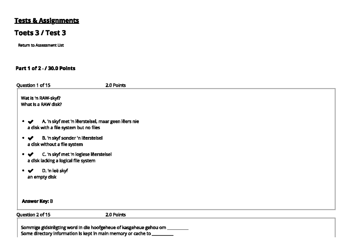 Test3 Memo - Tests & Assignments Toets 3 / Test 3 Return to Assessment ...