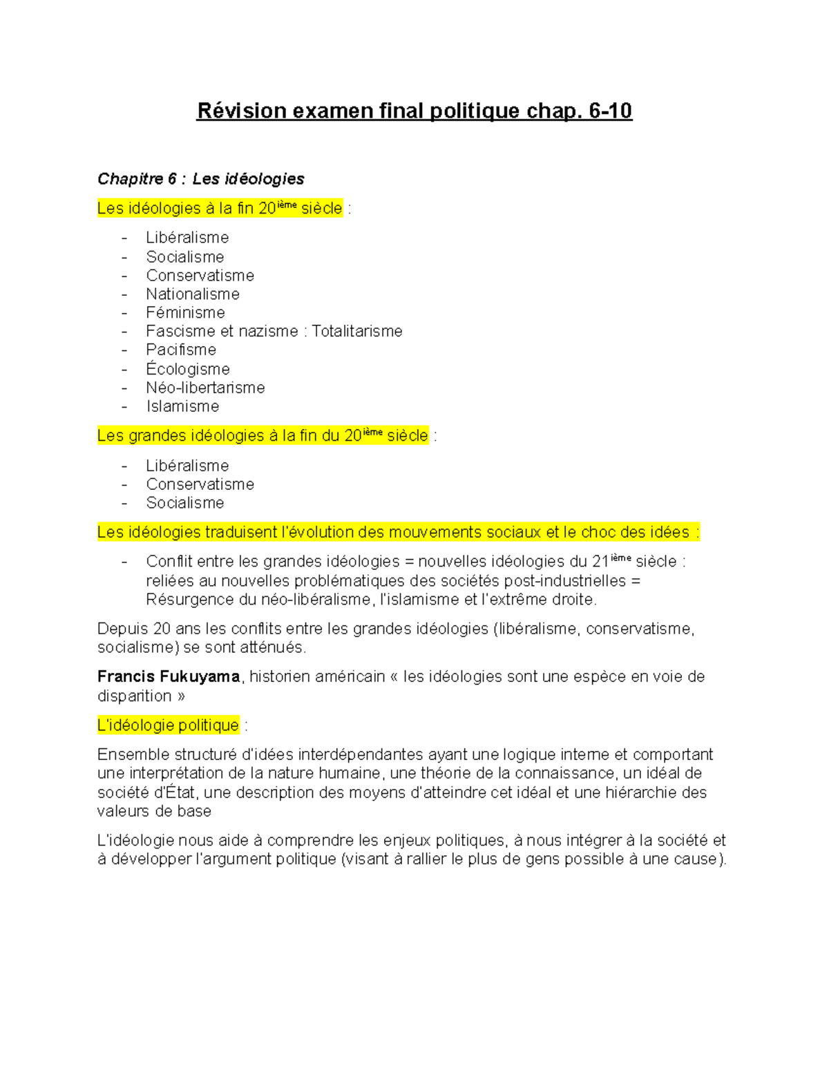 Révision examen final politique - 6- Chapitre 6 : Les idéologies Les ...