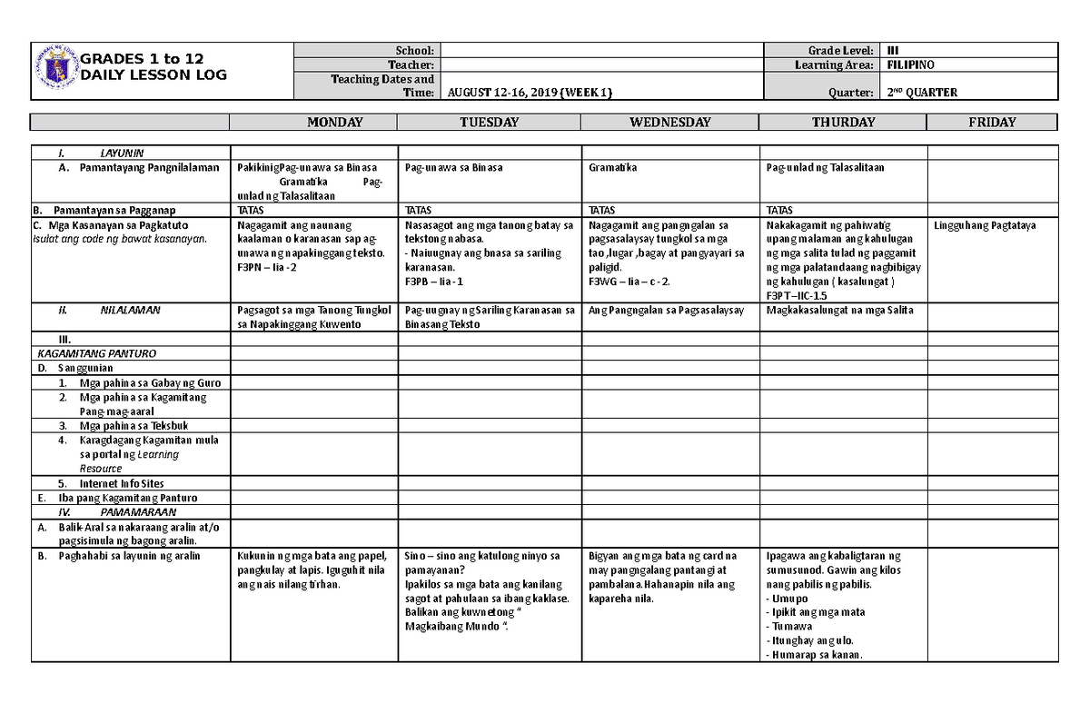 DLL Filipino 3 Q2 Week 1 - EDUCATION - GRADES 1 to 12 DAILY LESSON LOG ...