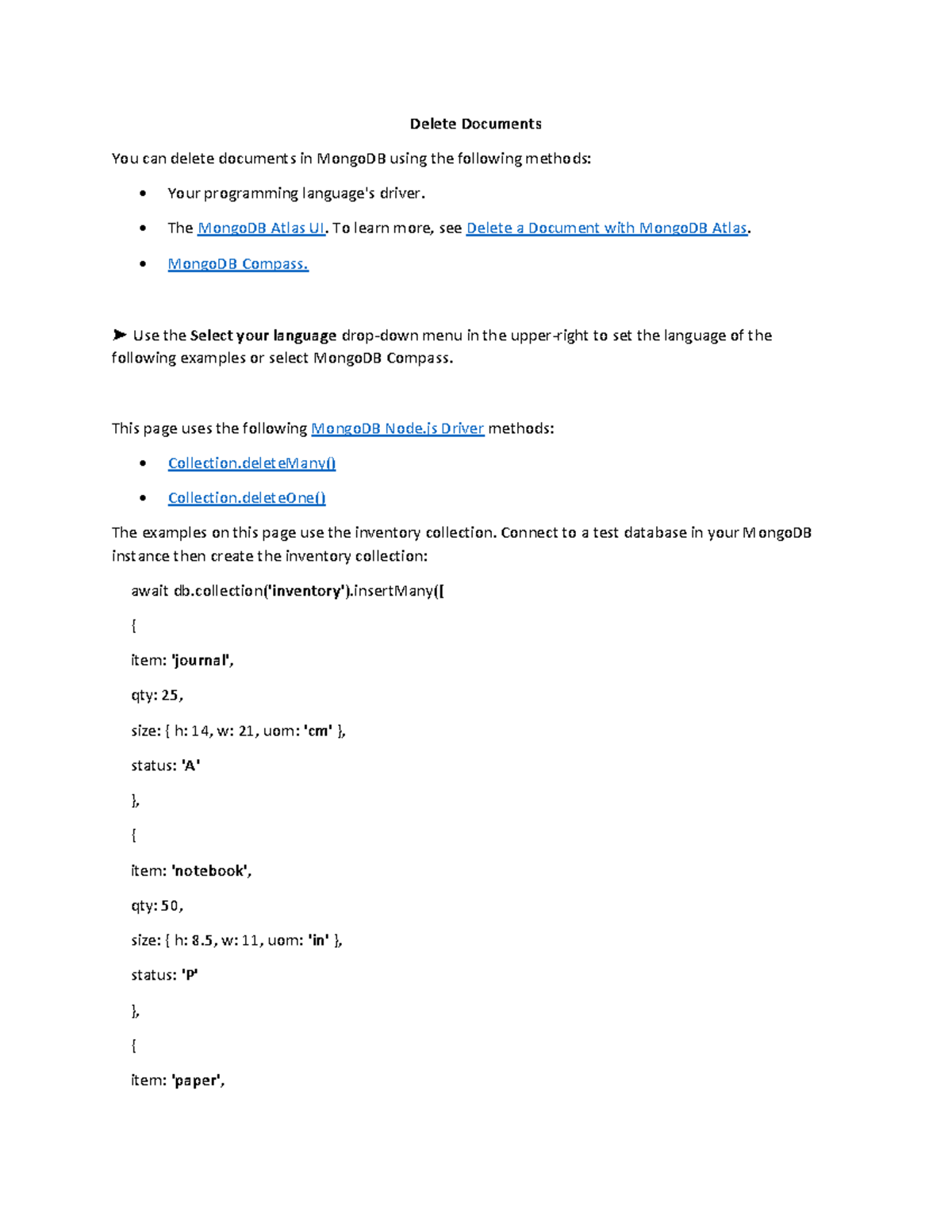 Mongodb - NO RELACIONALES - Delete Documents You can delete documents ...