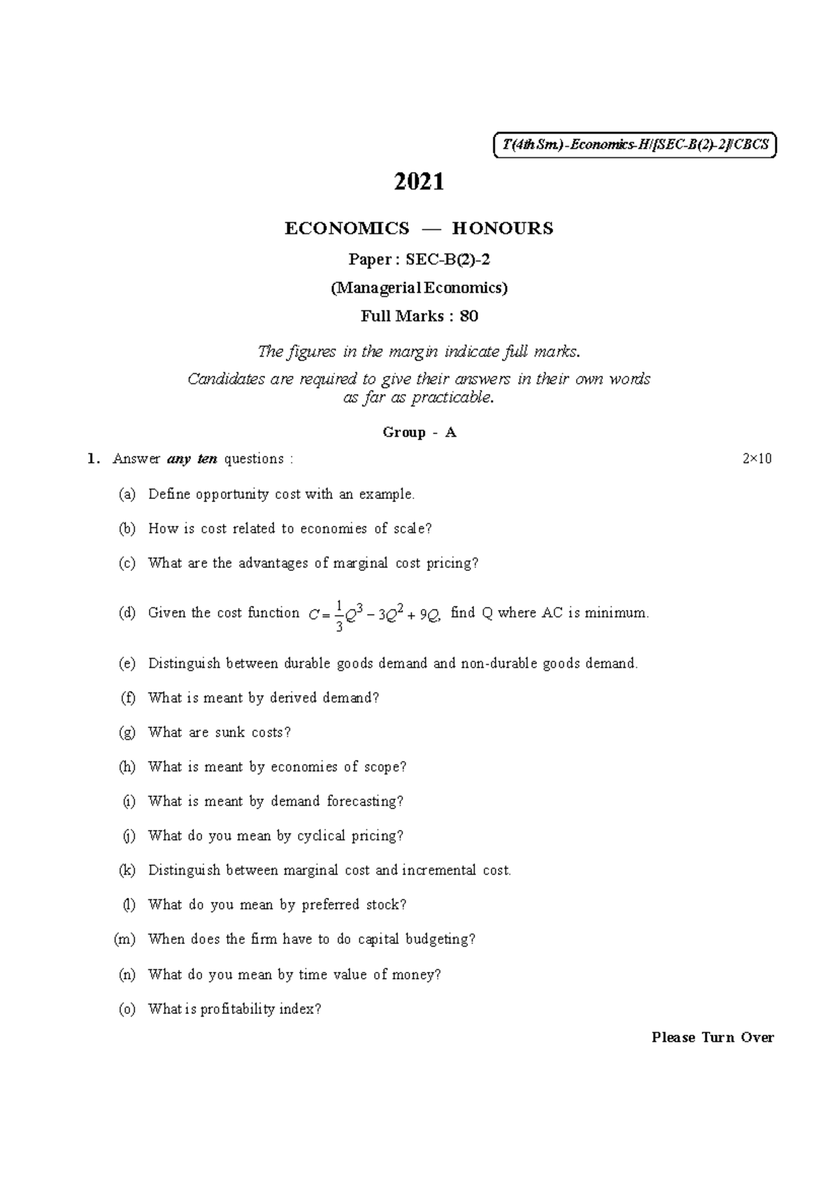 CU-2021 SECB Question Paper - ( 1 ) T(4th Sm.)-Economics-H/[SEC-B(2)-2 ...