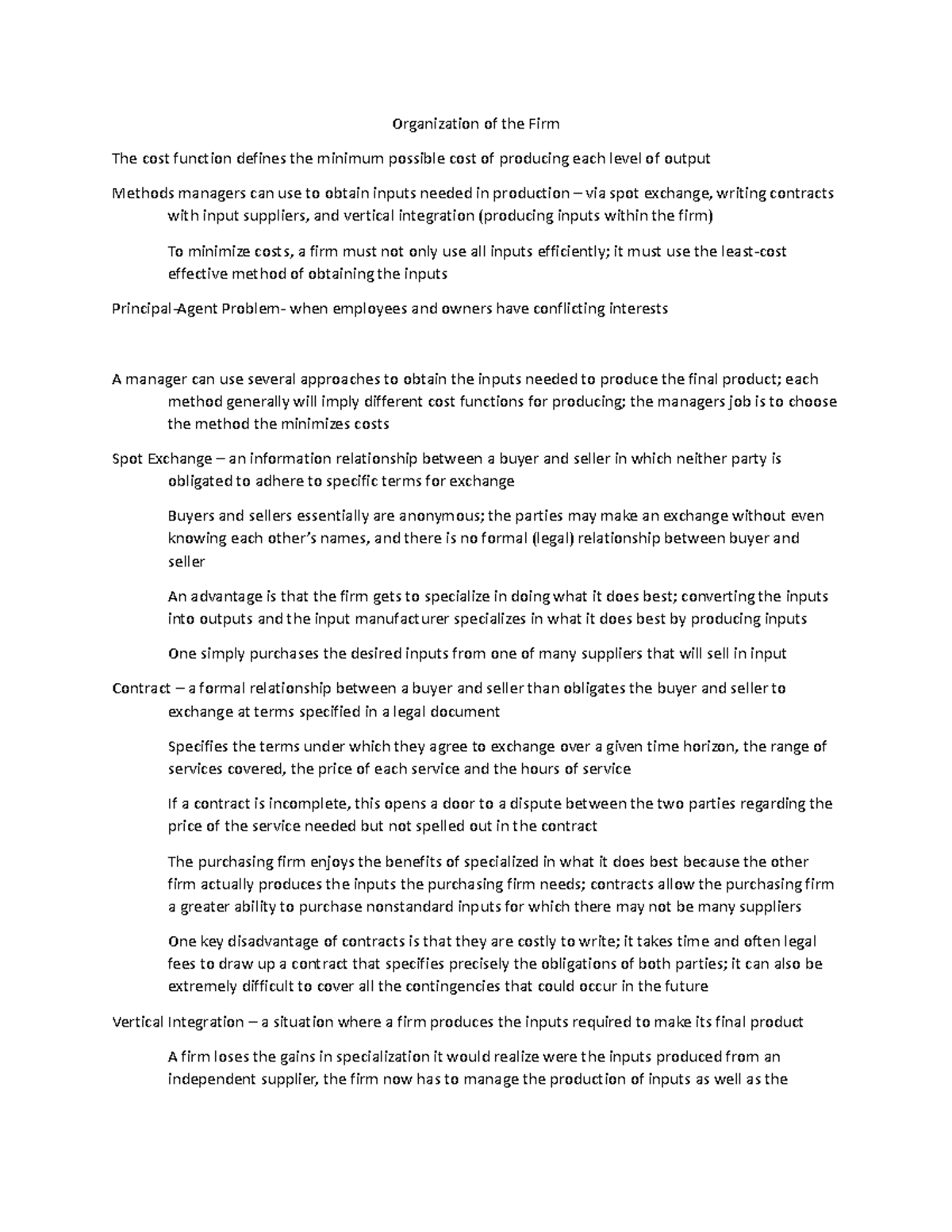 Chapter 6 - Organization of the Firm The cost function defines the ...