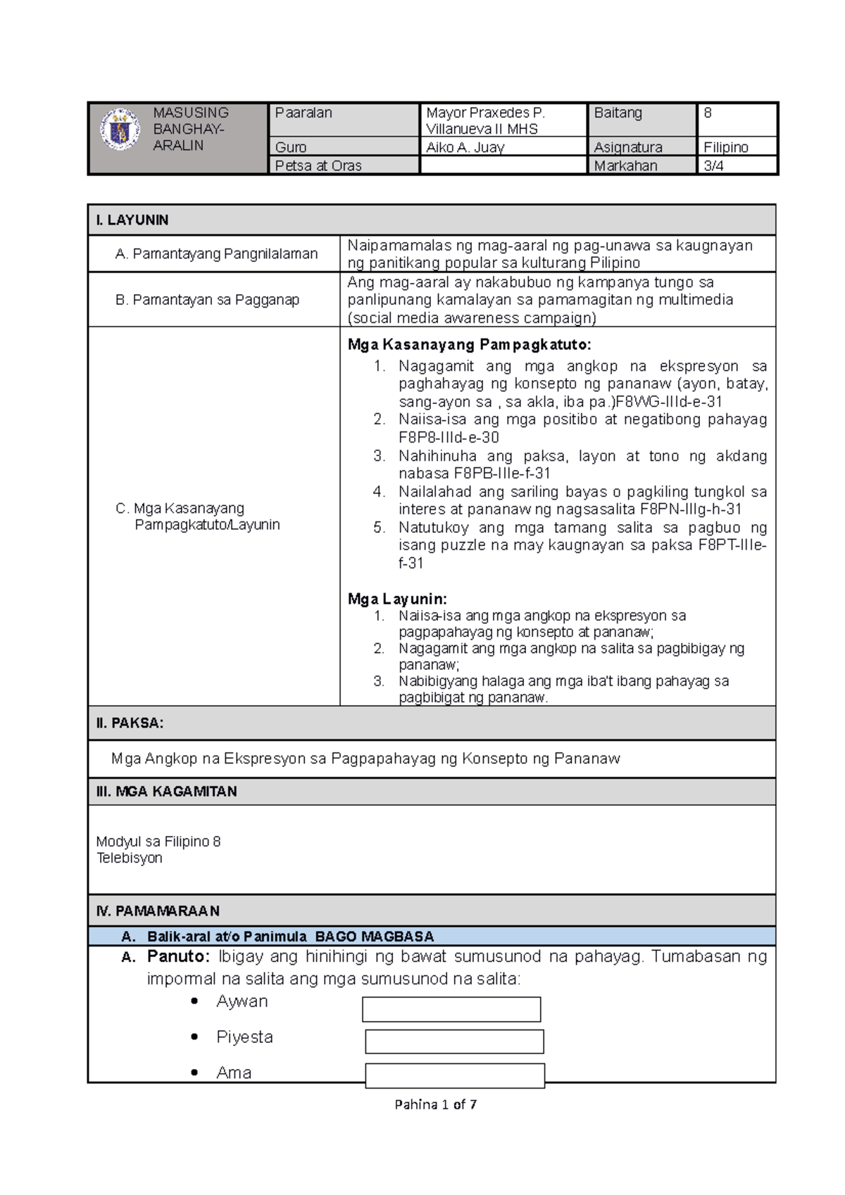 Filipino 8-Q3 Week 4 - Thank you - MASUSING BANGHAY- ARALIN Paaralan Mayor Praxedes P ...