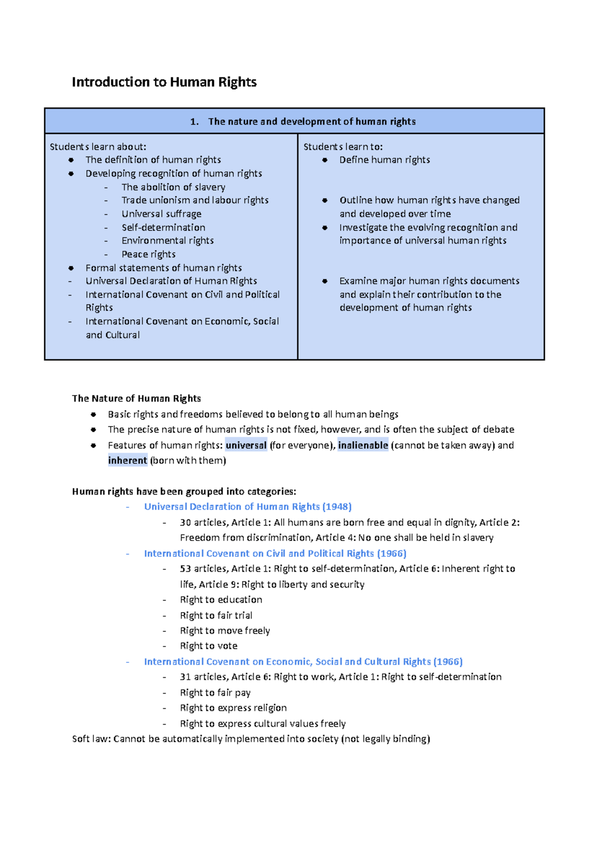 Legal Studies Human Rights Notes - Introduction to Human Rights 1. The ...