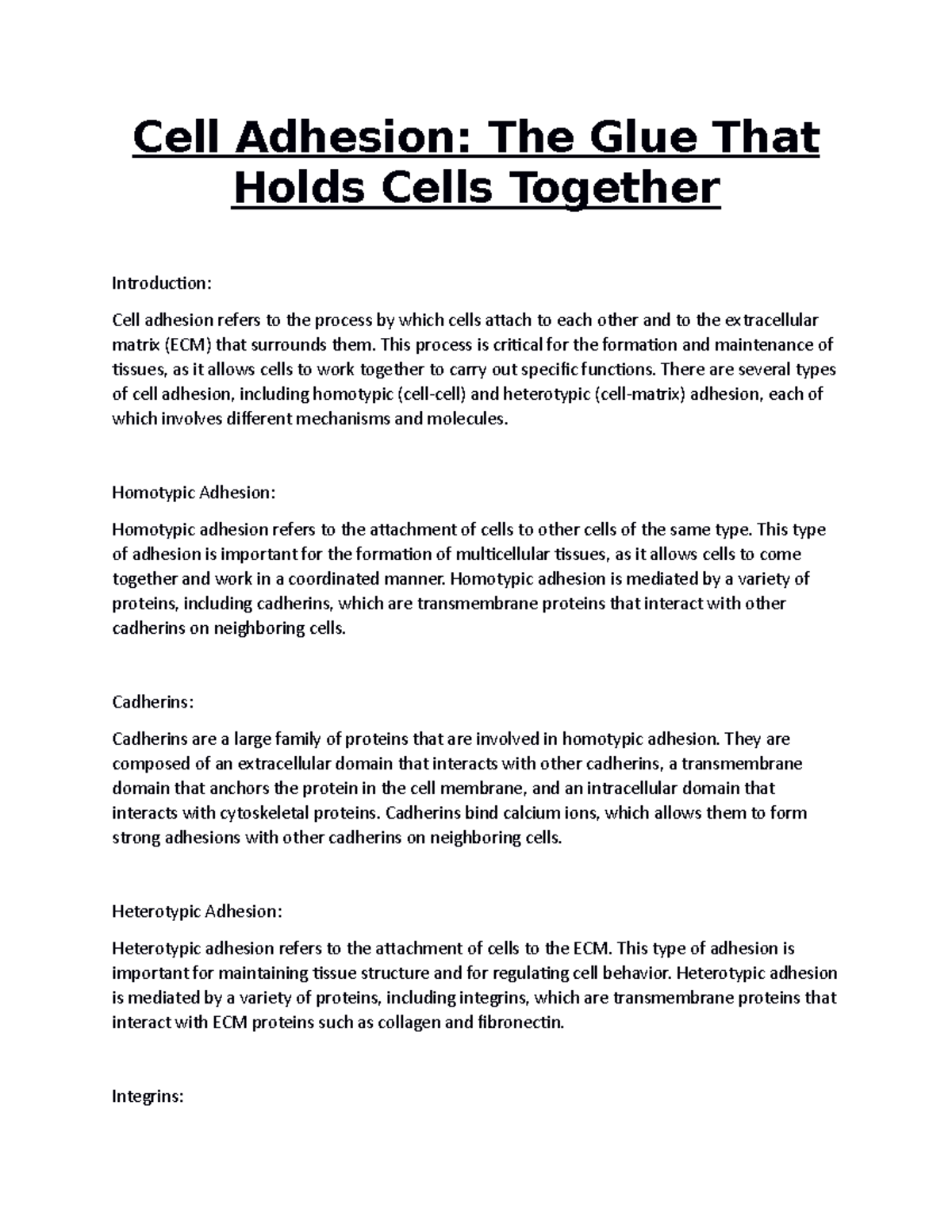 BIOL-3500-33 - Cell Adhesion: The Importance of Sticking Together ...