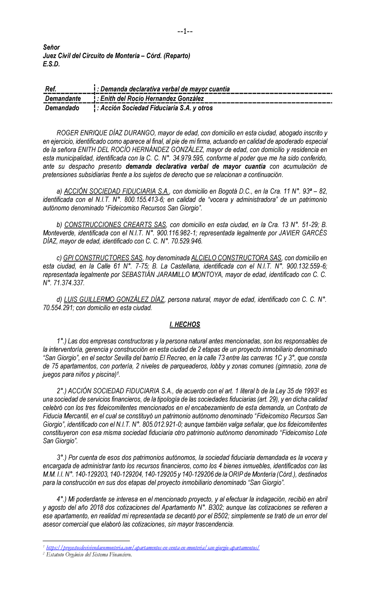 Demanda Declarativa Verbal ( Enith Hernandez) - SeÒor Juez Civil del ...