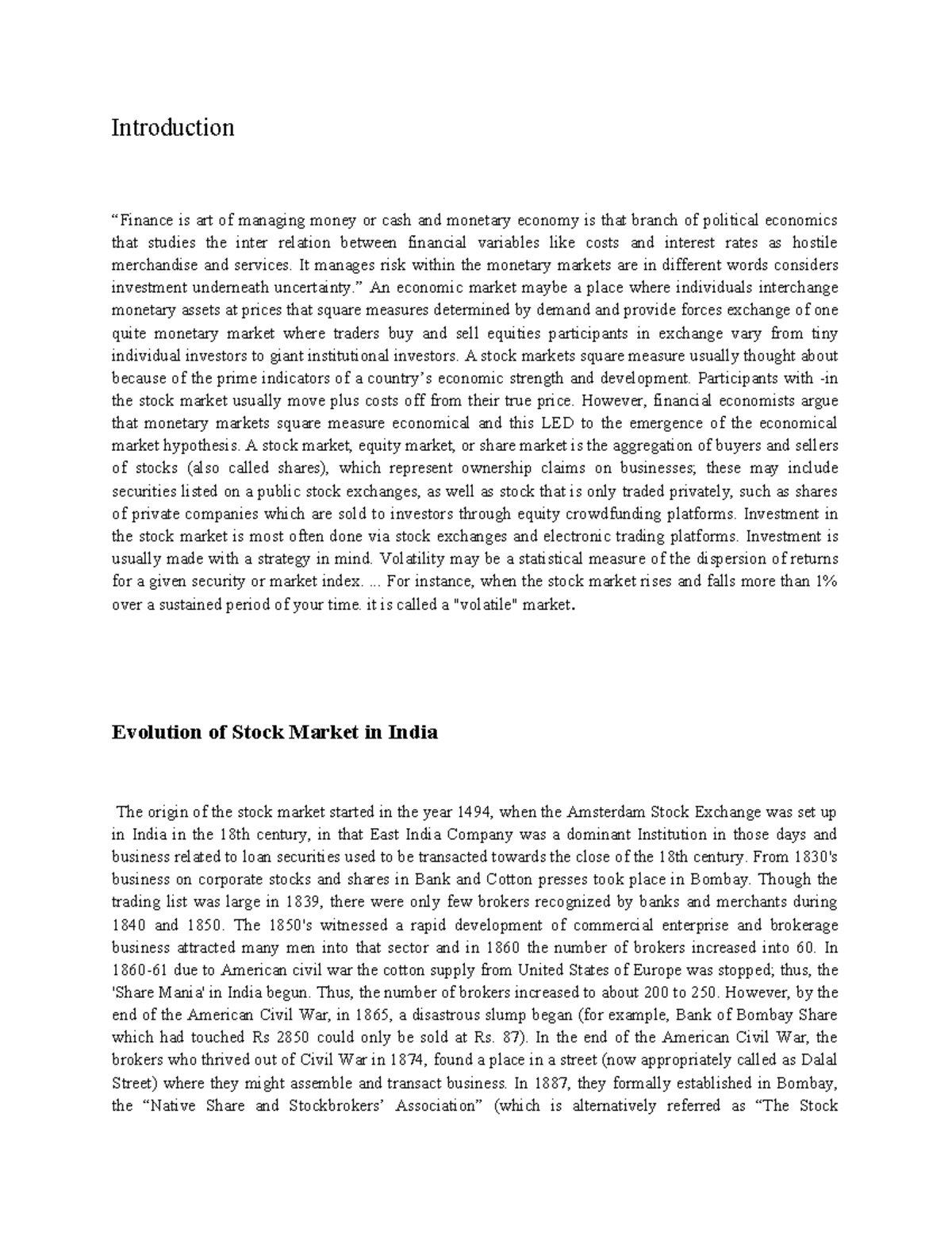 Project ON Stock Market 123 - Introduction “Finance is art of managing ...