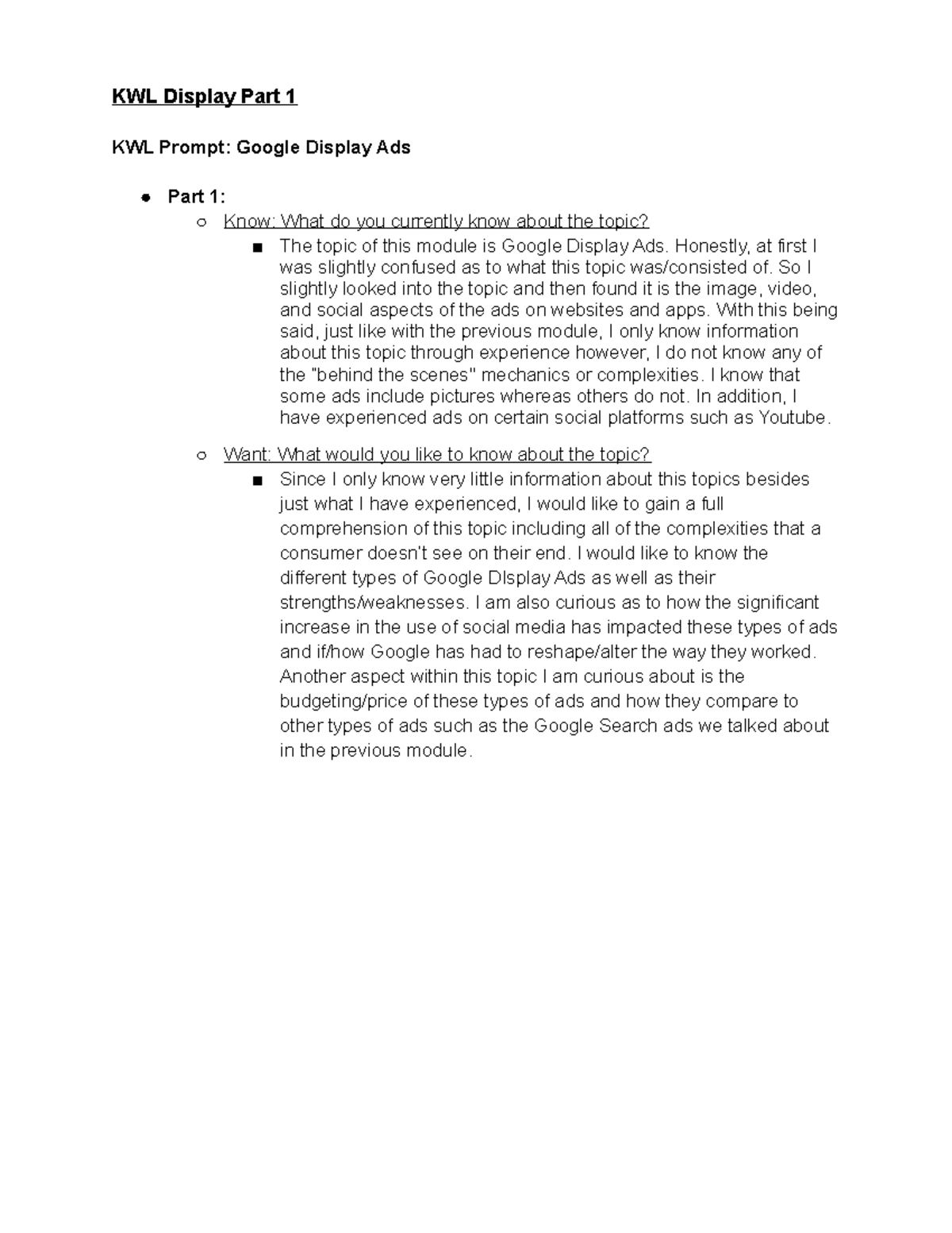 KWL Display Part 1 - KWL discussion - KWL Display Part 1 KWL Prompt ...