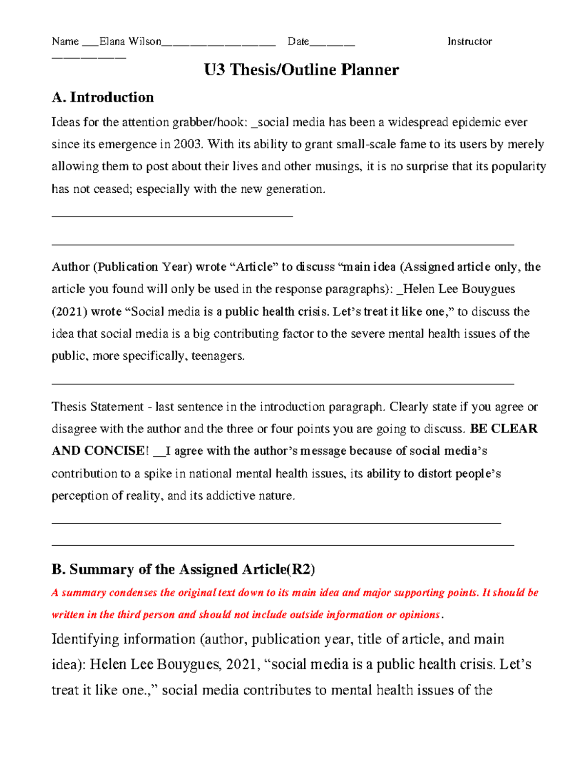 Unit 3 Thesis Outline Planner Worksheet 1 - Name Elana Wilson ...