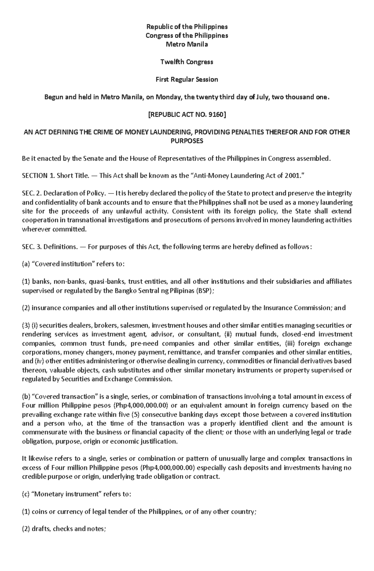 RA 9160 ANTI-MONEY LAUNDERING (AMLA) for Accountancy - Republic of the ...