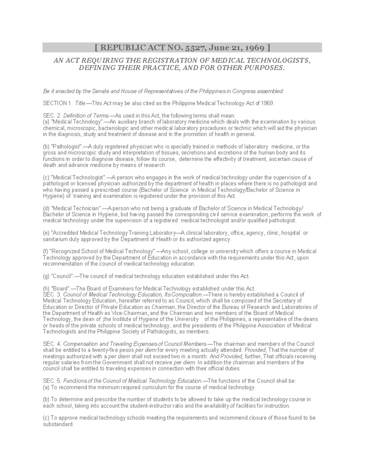 RA 5527 MT law 1969 - RA 5527 MT law 1969 - [ REPUBLIC ACT NO. 5527 ...