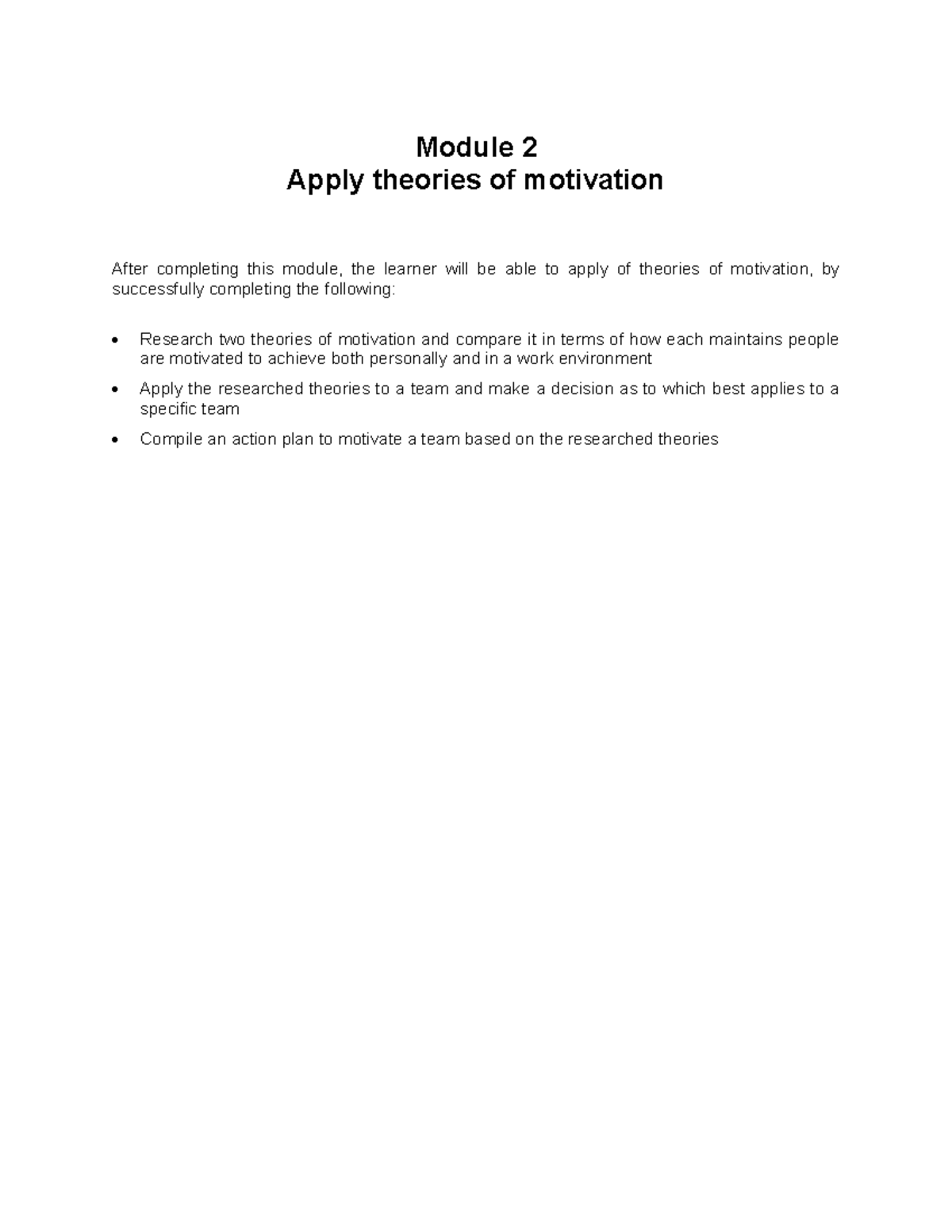 Apply theories of motivation - Module 2 Apply theories of motivation ...