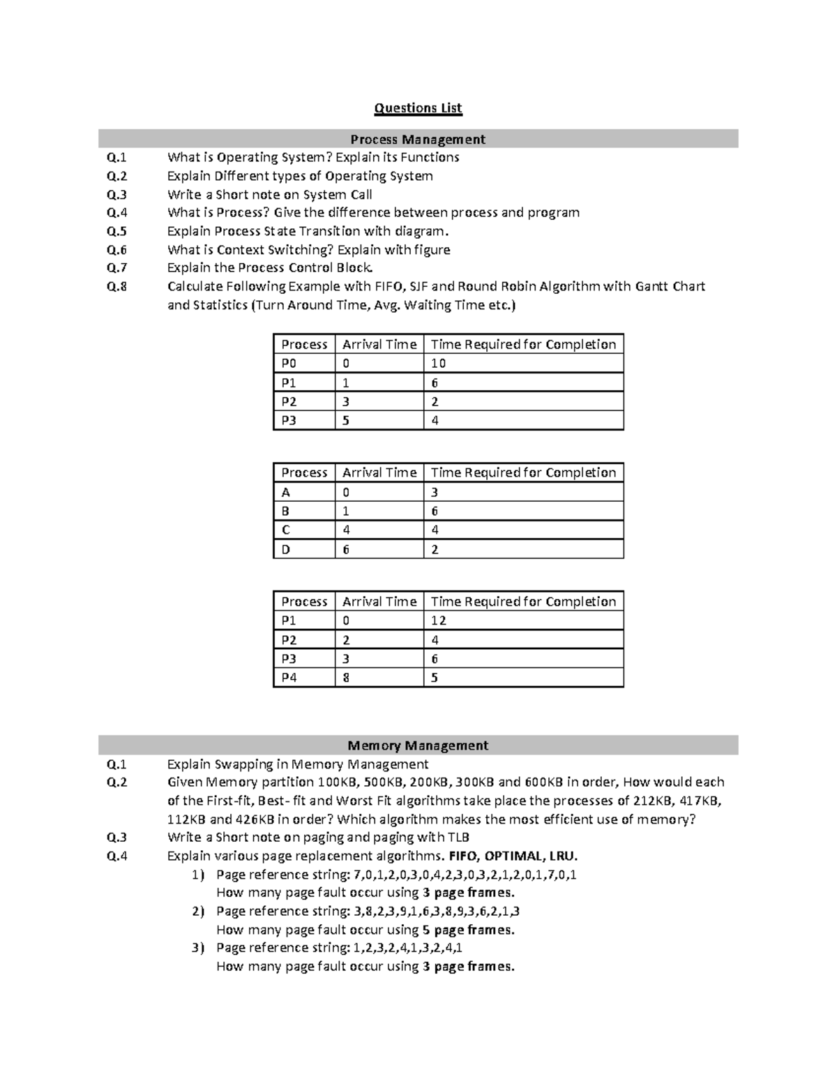 Questions on Process and Memory Management - Questions List Process ...