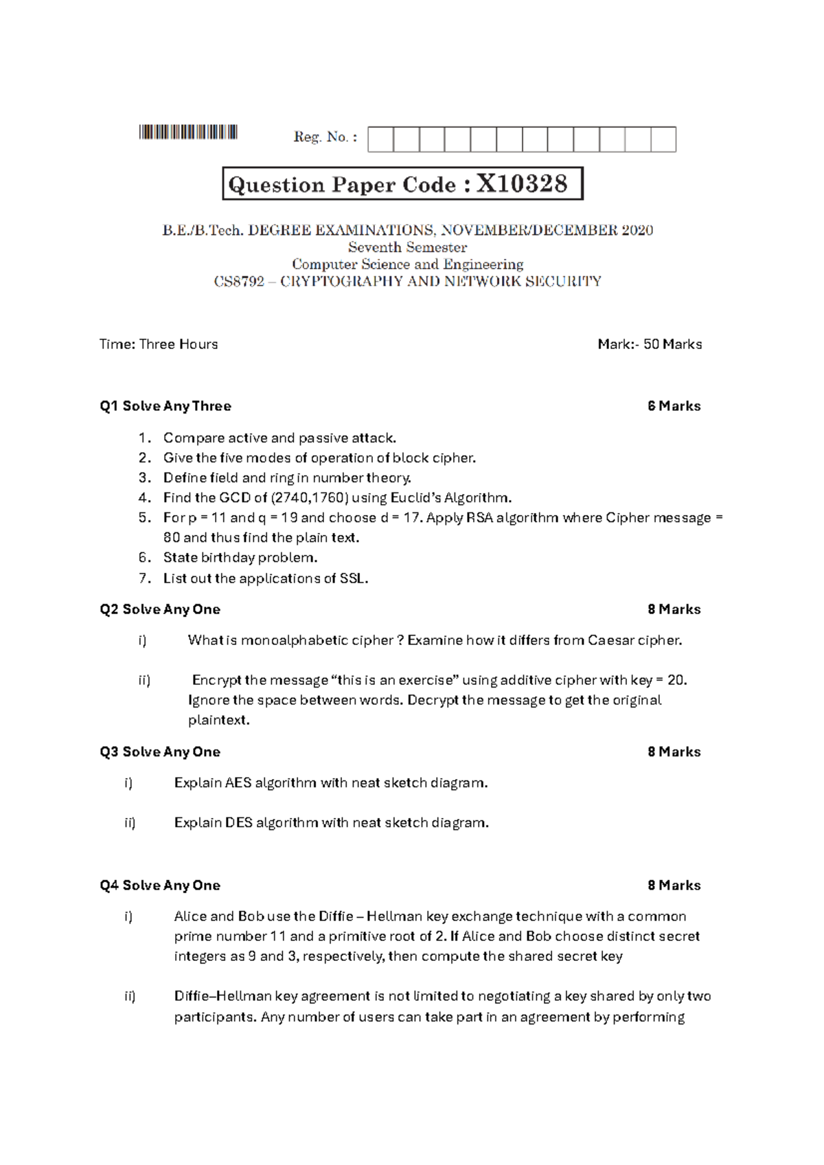 CNS paper - Time: Three Hours Mark:- 50 Marks Q1 Solve Any Three 6 Marks 1. Compare active and ...