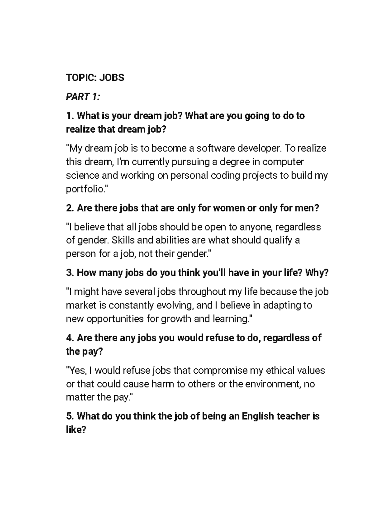 Speaking 2 - Topic JOBS - TOPIC: JOBS PART 1 : What is your dream job ...