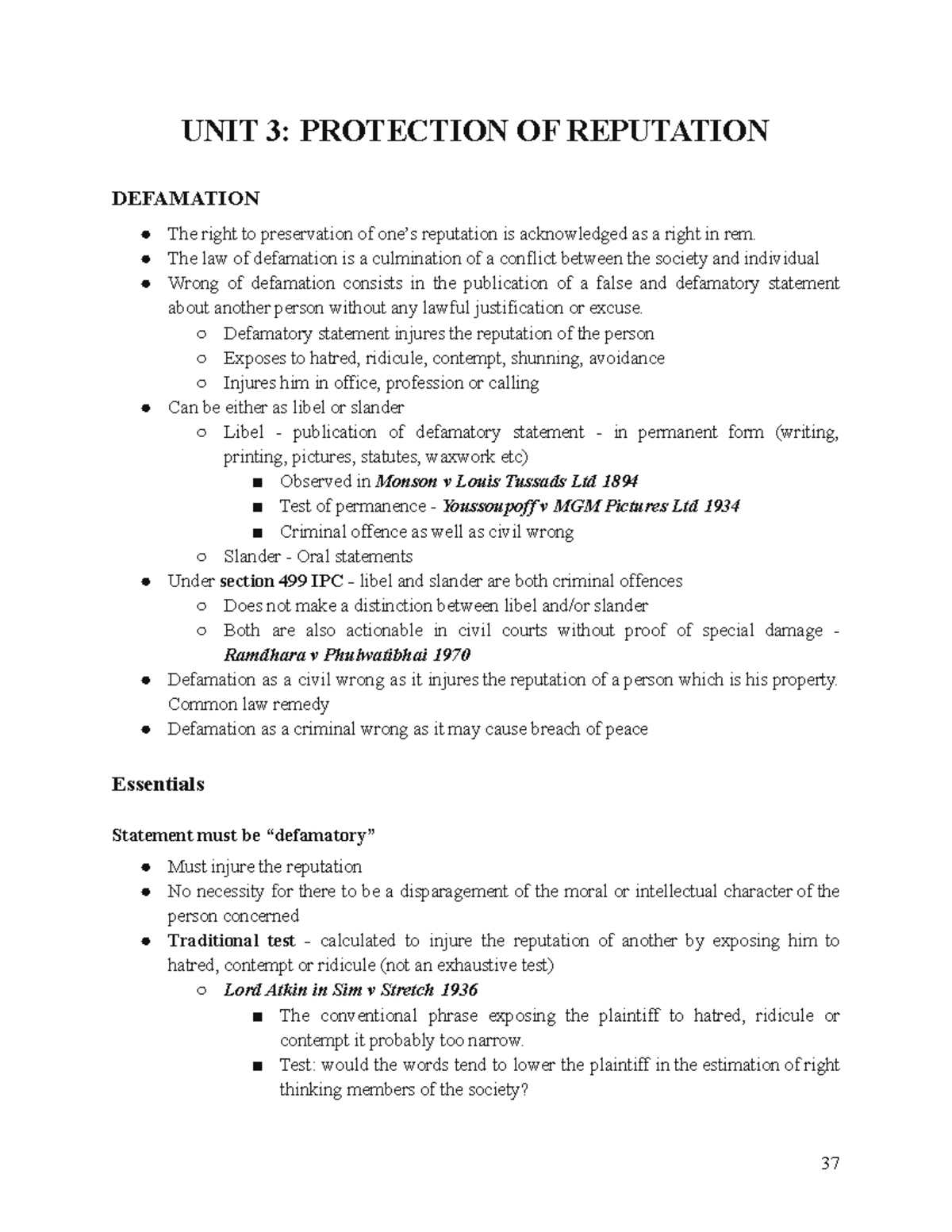 Media Law Unit 3 - UNIT 3: PROTECTION OF REPUTATION DEFAMATION The ...