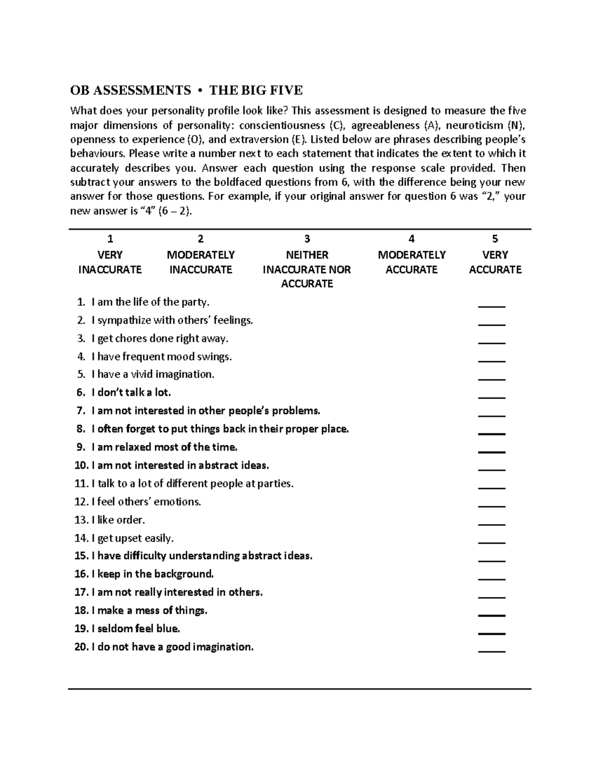 Big 5 Assessment - OB ASSESSMENTS • THE BIG FIVE What does your ...