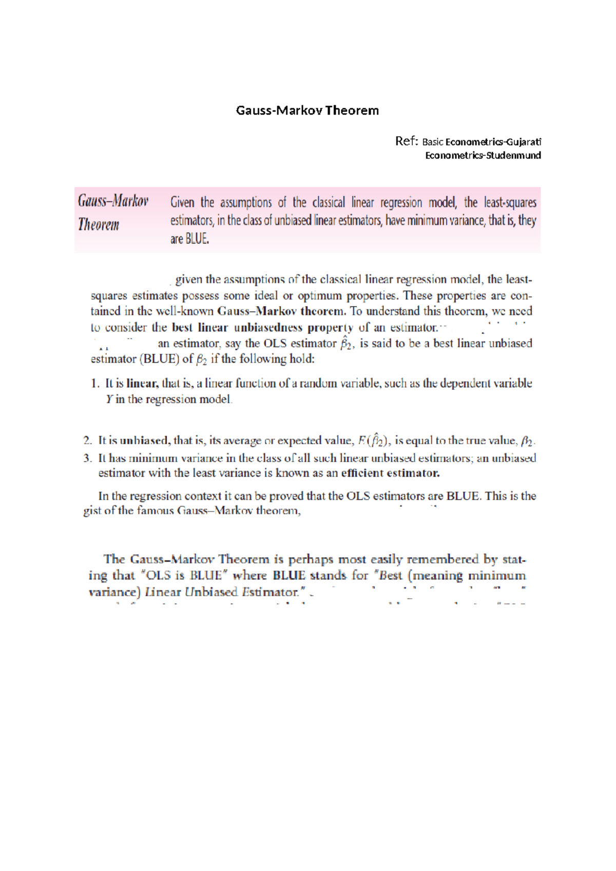 Gauss Markov Theorem Theorem Ref Basic Given The Assumptions Of The Classical Linear