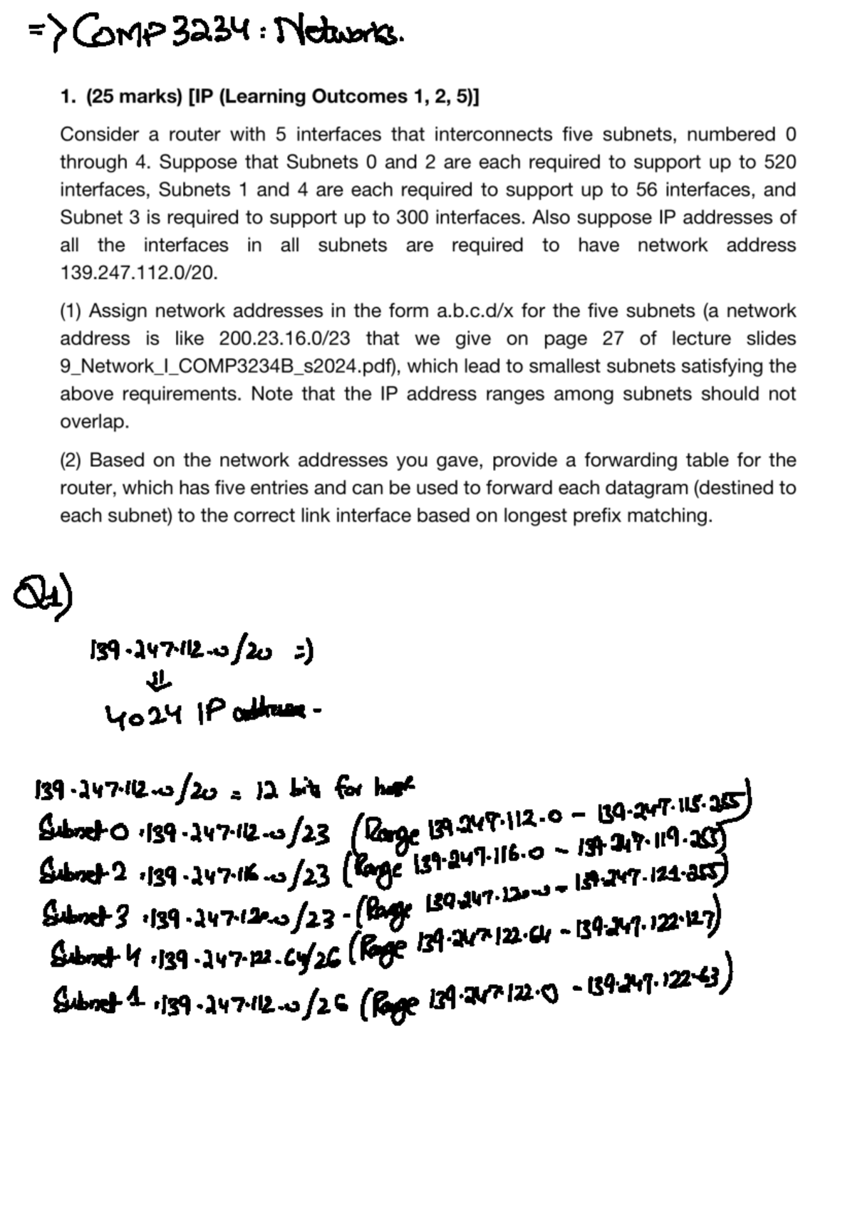 COMP3234-Assignment 3 o Gs - COMP 3234 : Networks. 1. (25 marks) (Learning Outcomes 1, 2 ...
