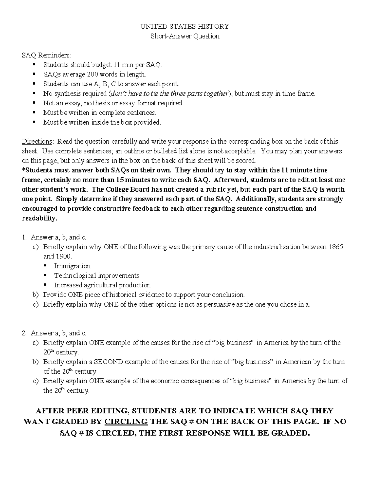 Saq practice gilded age - UNITED STATES HISTORY Short-Answer Question ...