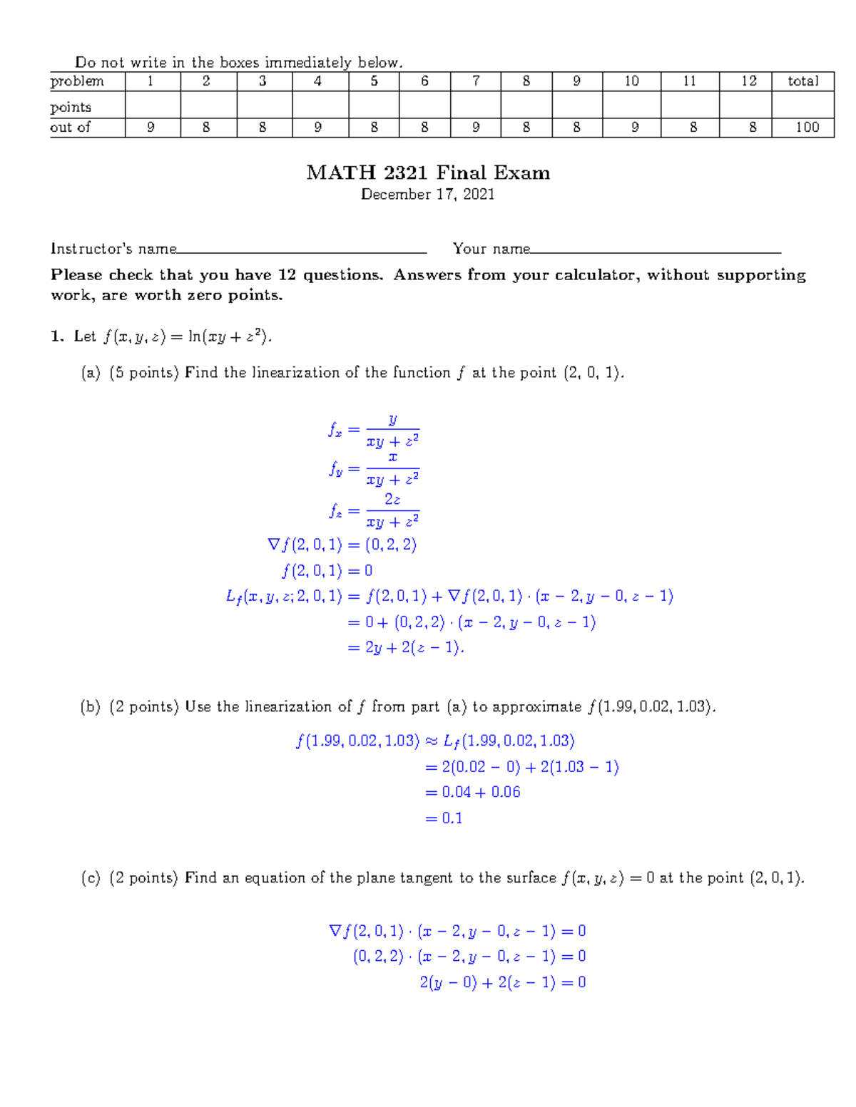 Final exam Solutions - Do not write in the boxes immediately below. problem 1 2 3 4 5 6 7 8 9 10 ...