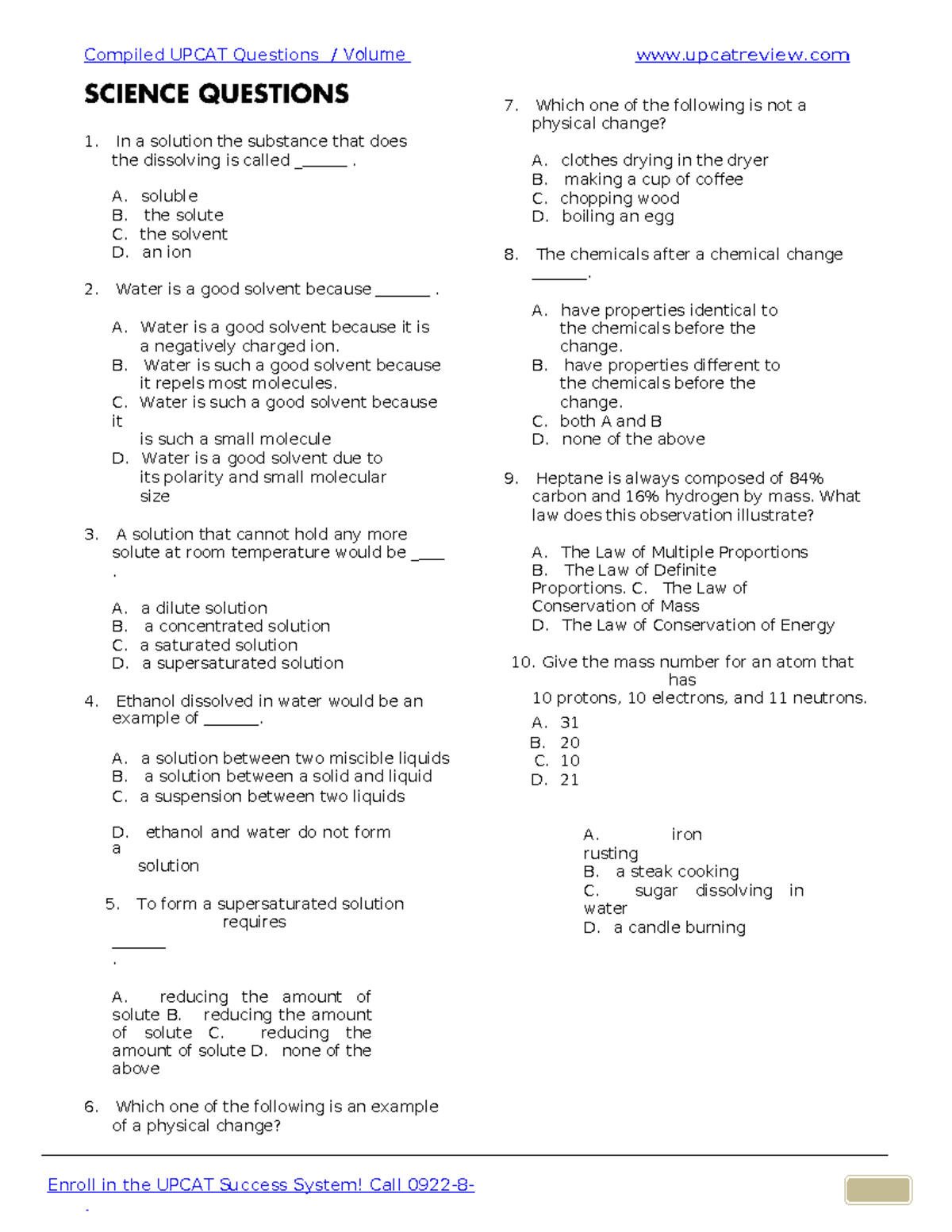 Upcat- Questions-SCI - 2 Enroll in the UPCAT Success System! Call 09 22 ...