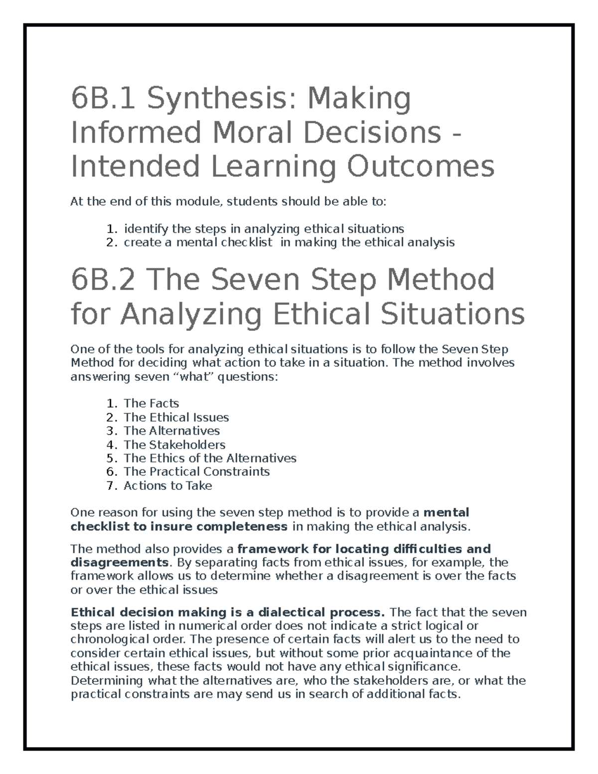 Ethics 15 - Lecture notes 1 - 6B Synthesis: Making Informed Moral ...