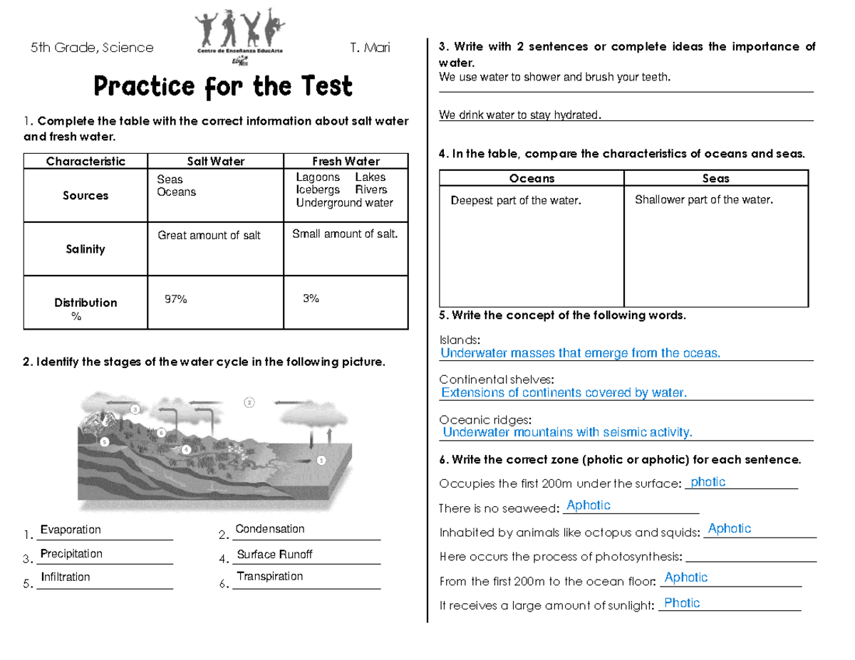 Practice FOR THE TEST 5TH - 5 th Grade, Science T. Mari 1. Complete the ...