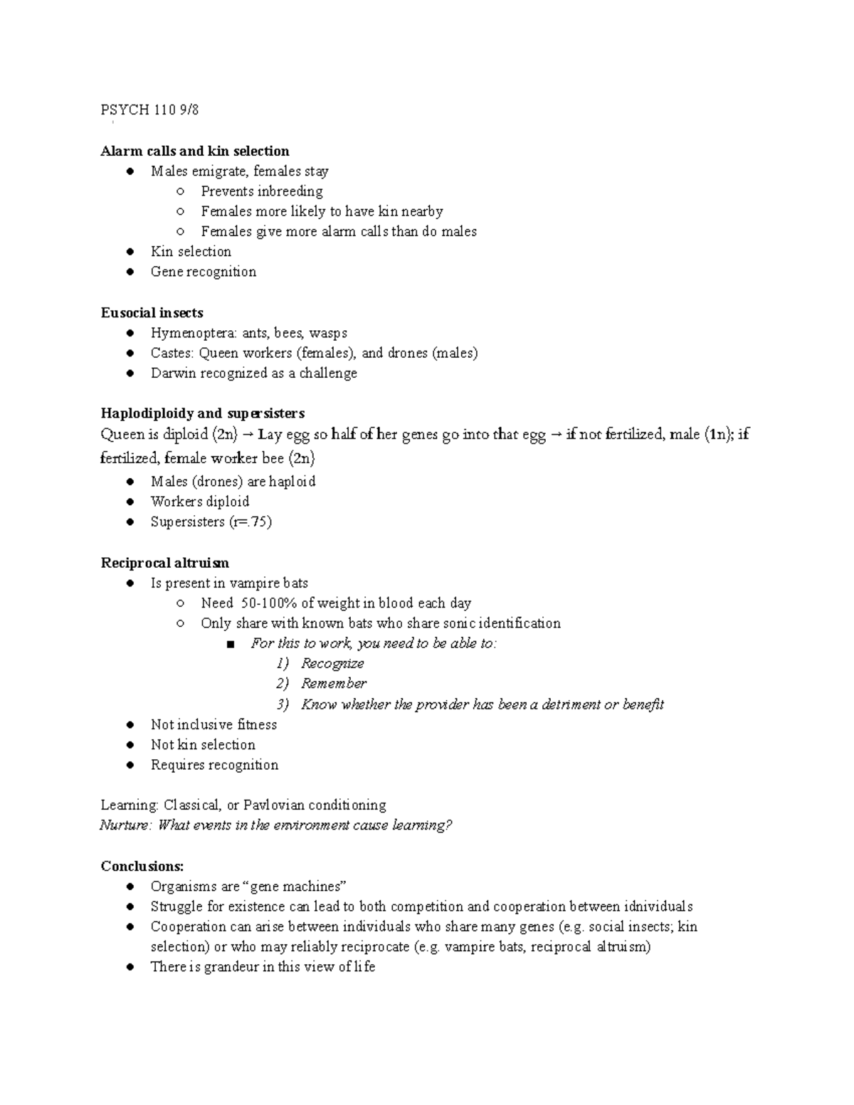 Psych 110 9 8 - Various concepts related to animal behavior, reciprocal ...