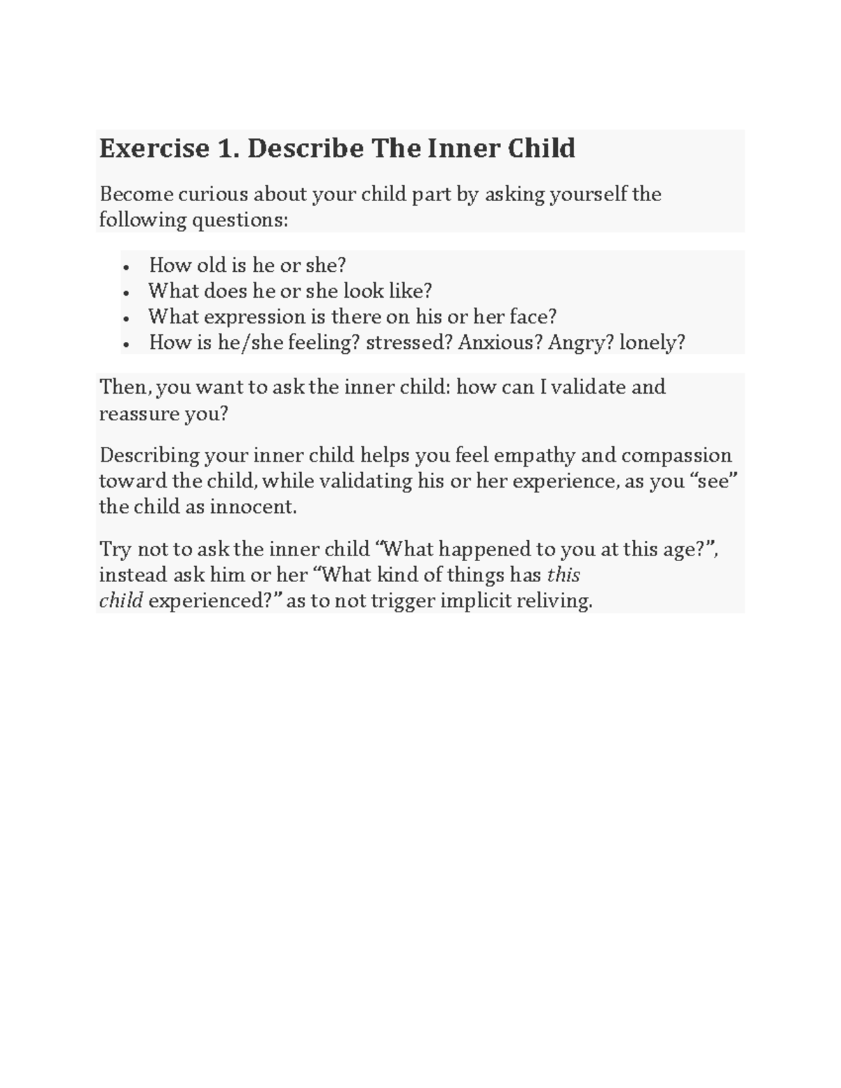 Inner Child - Exercise 1 - Exercise 1. Describe The Inner Child Become ...