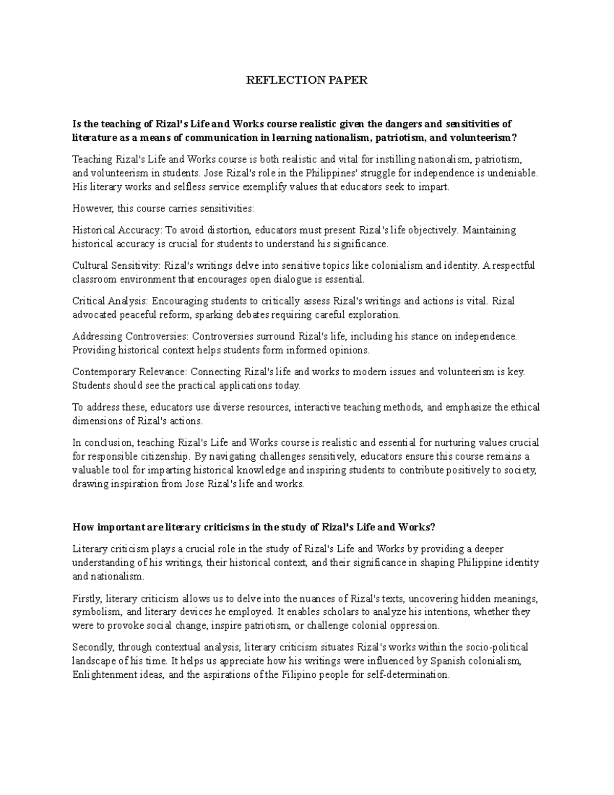 Reflection Paper - Rizal - REFLECTION PAPER Is the teaching of Rizal's ...