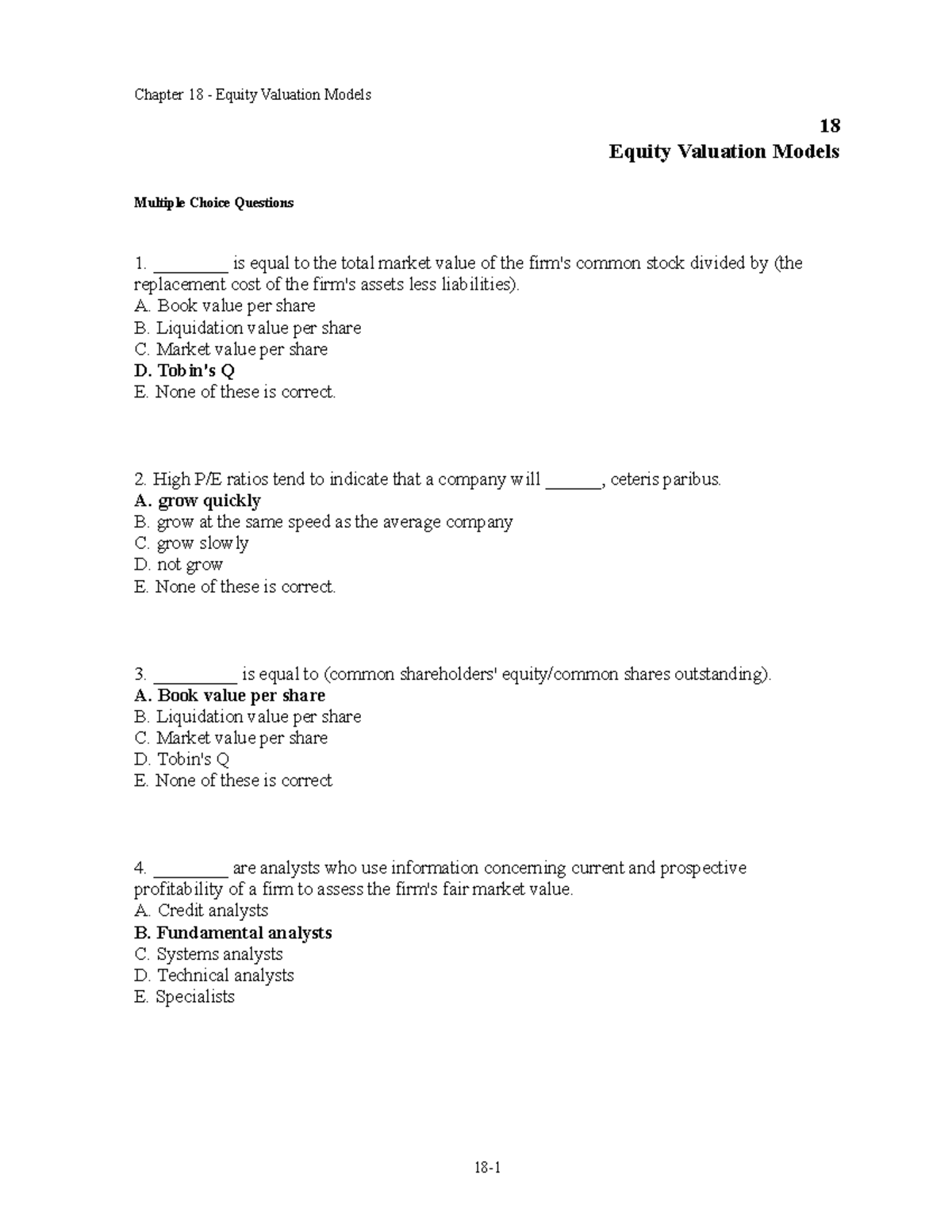 Chapter 18 Equity valuation models - 18 Equity Valuation Models ...