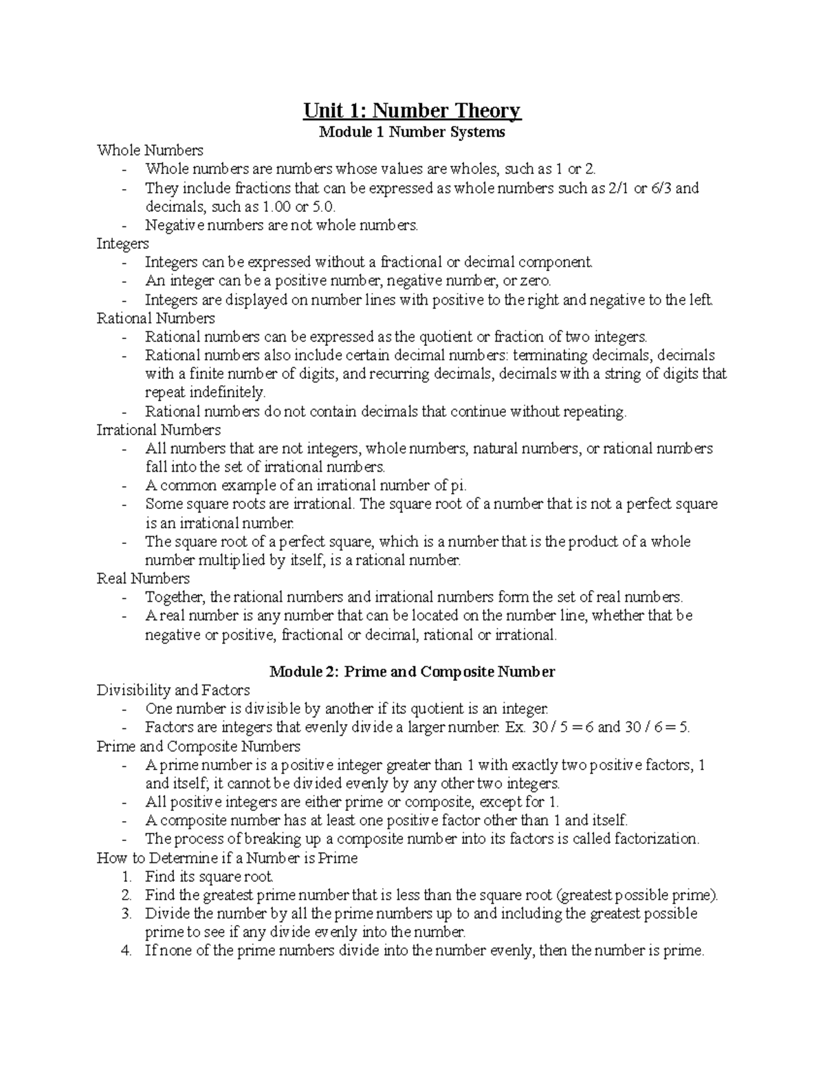 Math 1 Unit 1 - Unit 1 notes - Unit 1: Number Theory Module 1 Number ...