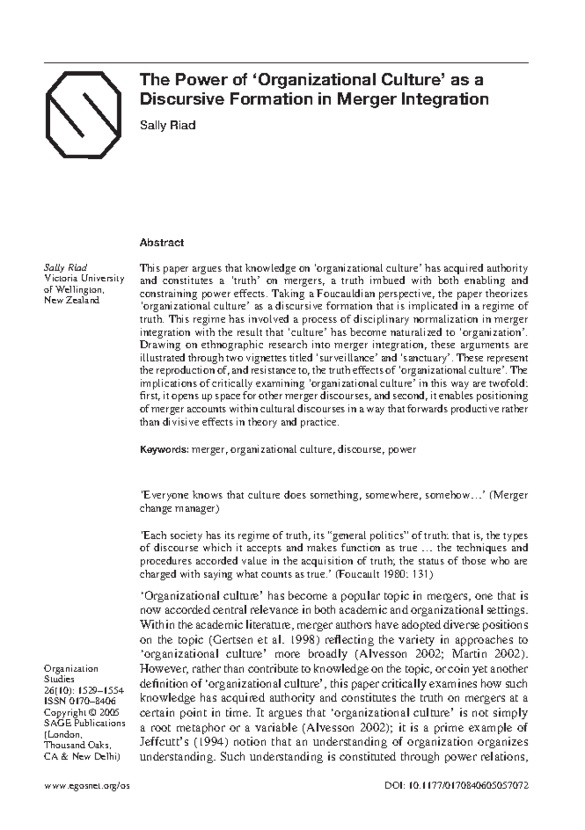 The Power of Organizational Culture as a Discursive Formation in - The ...